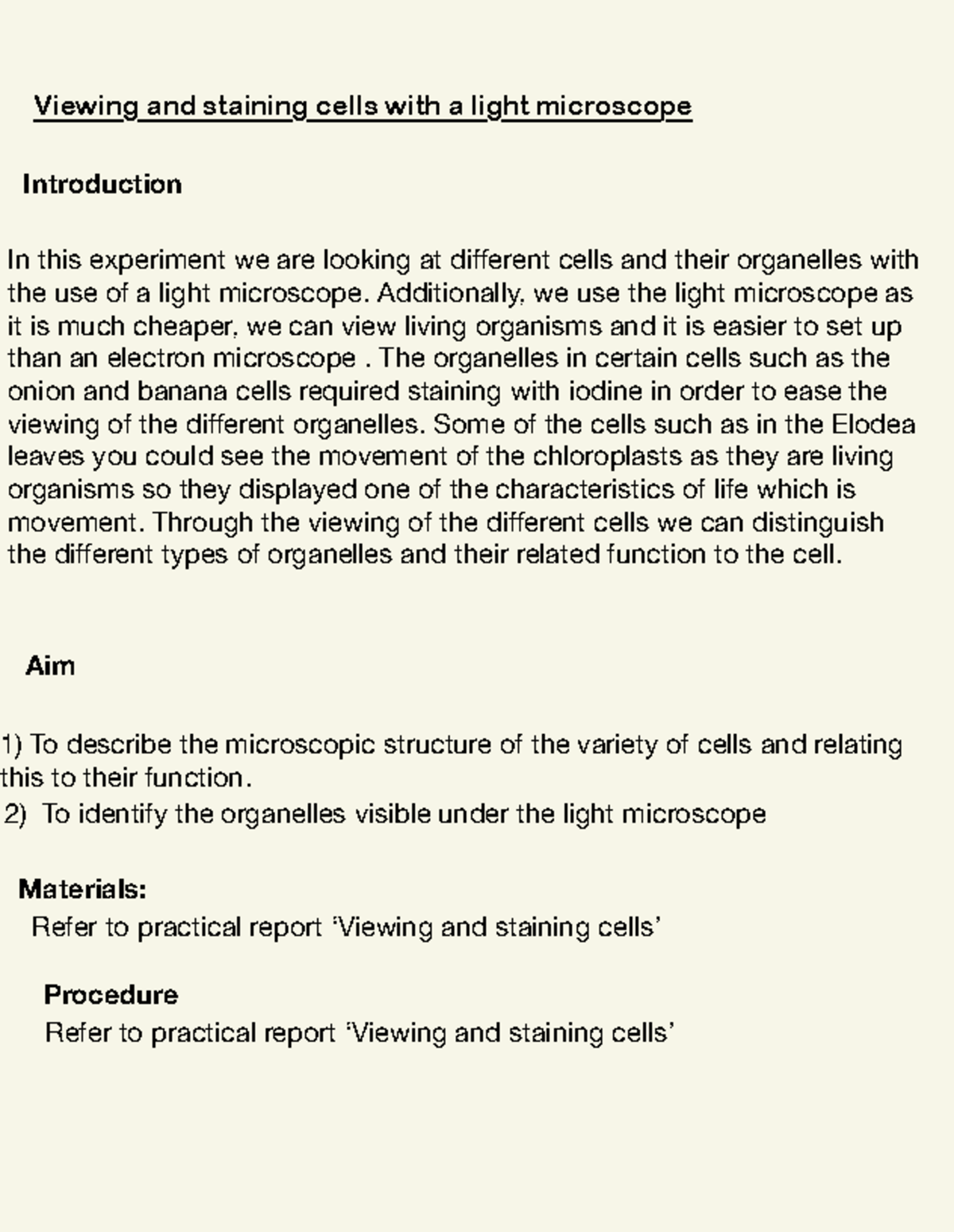 Formative Assessment Practical - Viewing and staining cells with a ...