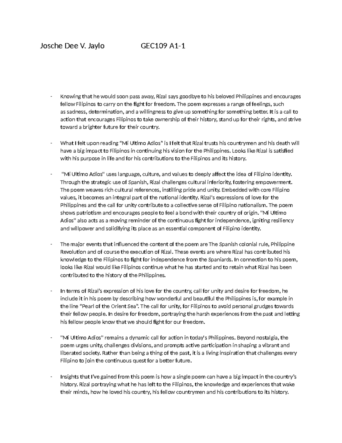 Jrizz - Essay - Josche Dee V. Jaylo GEC109 A1- Knowing that he would ...