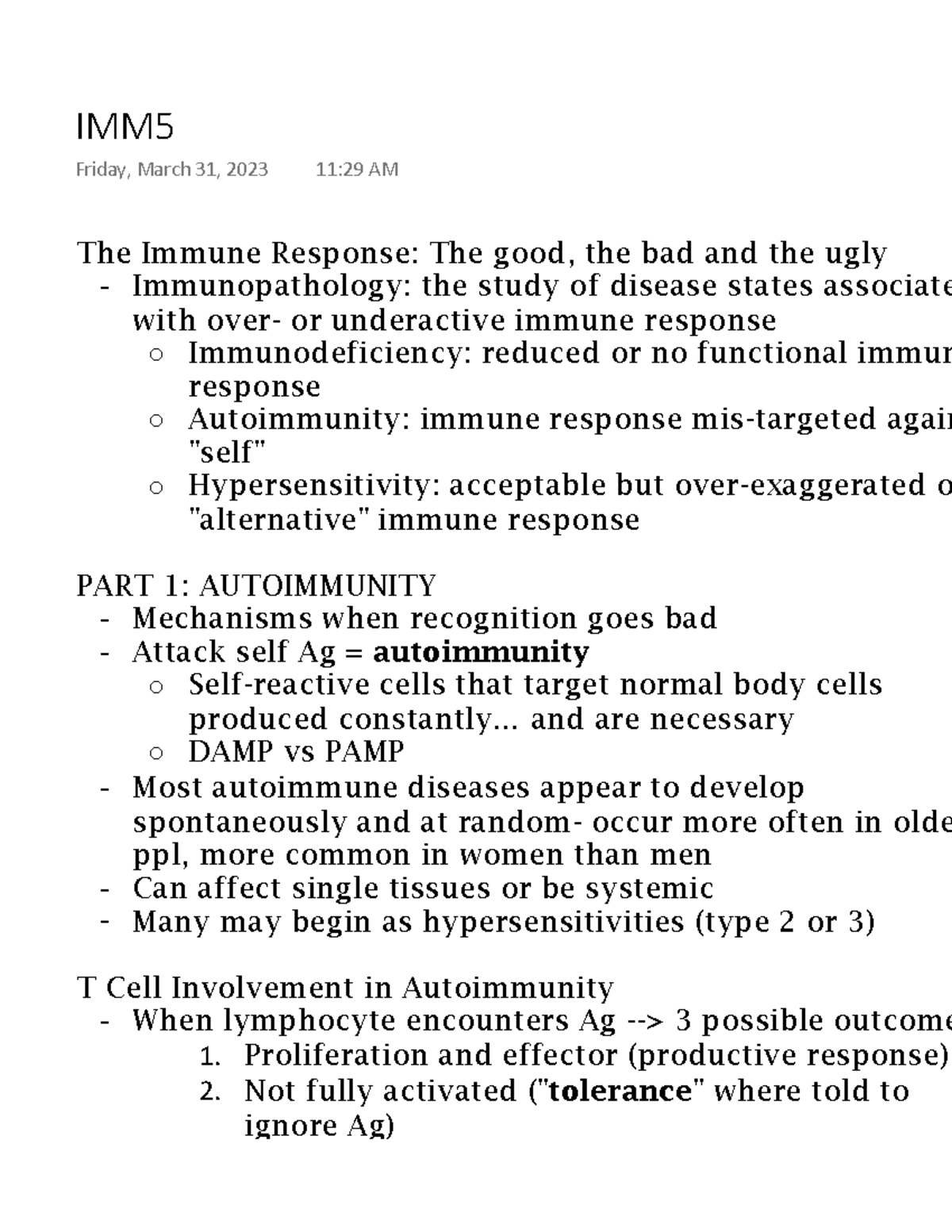 IMM5 - Lecture notes - The Immune Response: The good, the bad and the ...