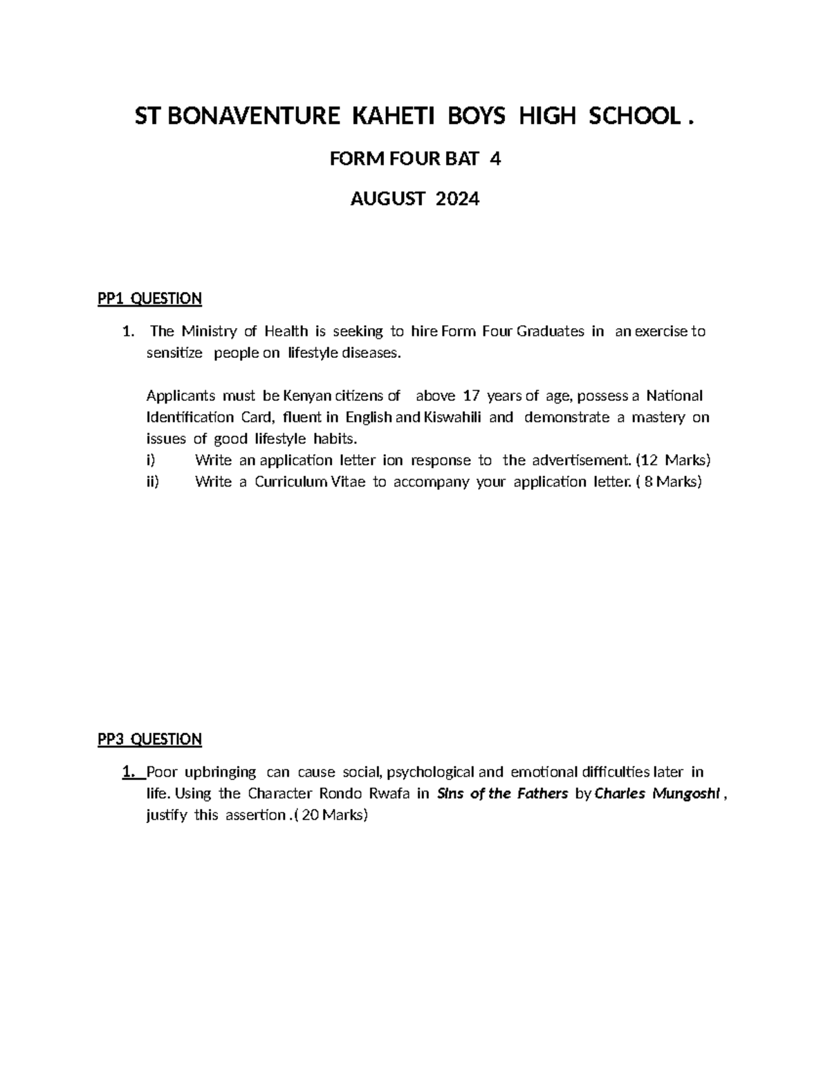 English BAT 4 - Class Assignment - ST BONAVENTURE KAHETI BOYS HIGH ...