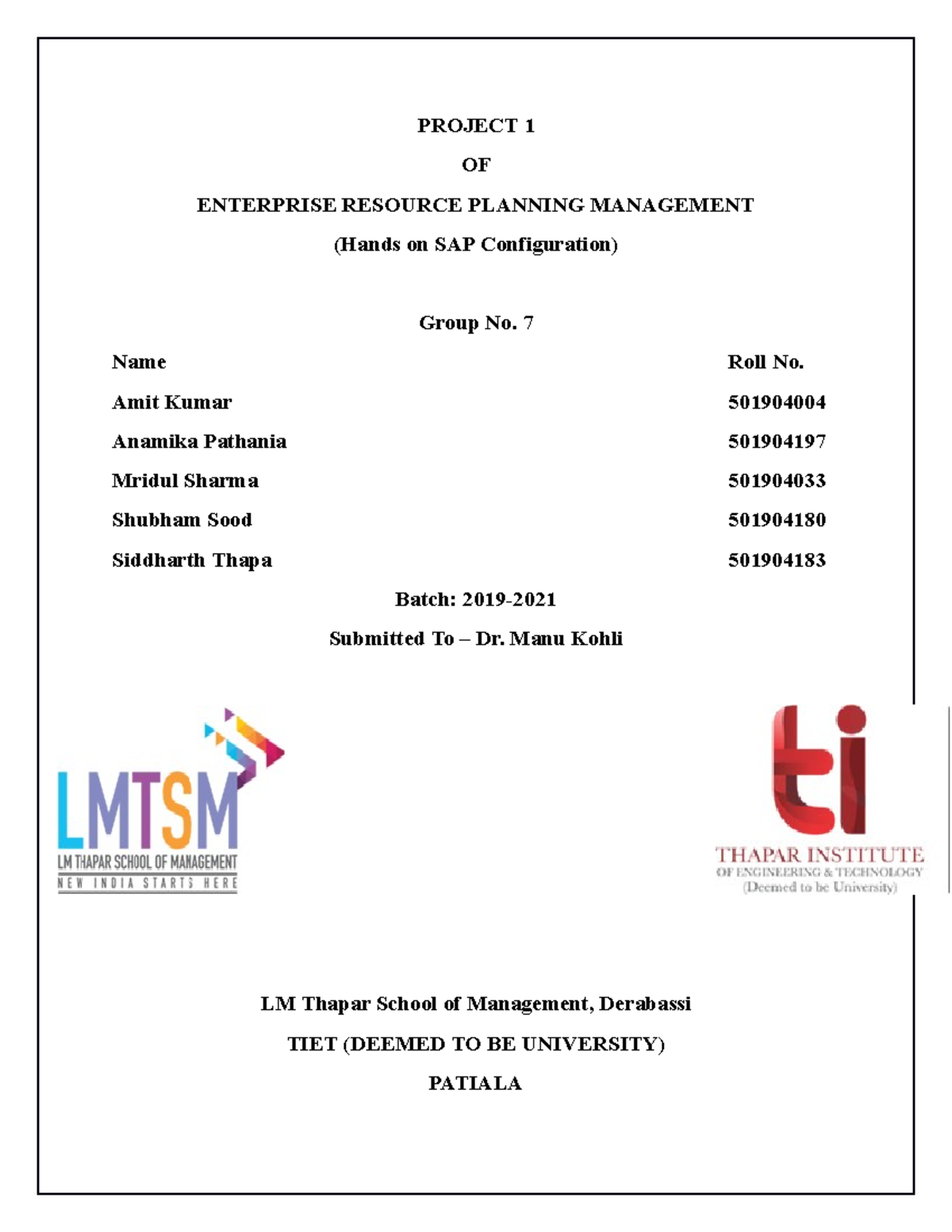 ERP Group NO. 7 Project 1 - PROJECT 1 OF ENTERPRISE RESOURCE PLANNING ...