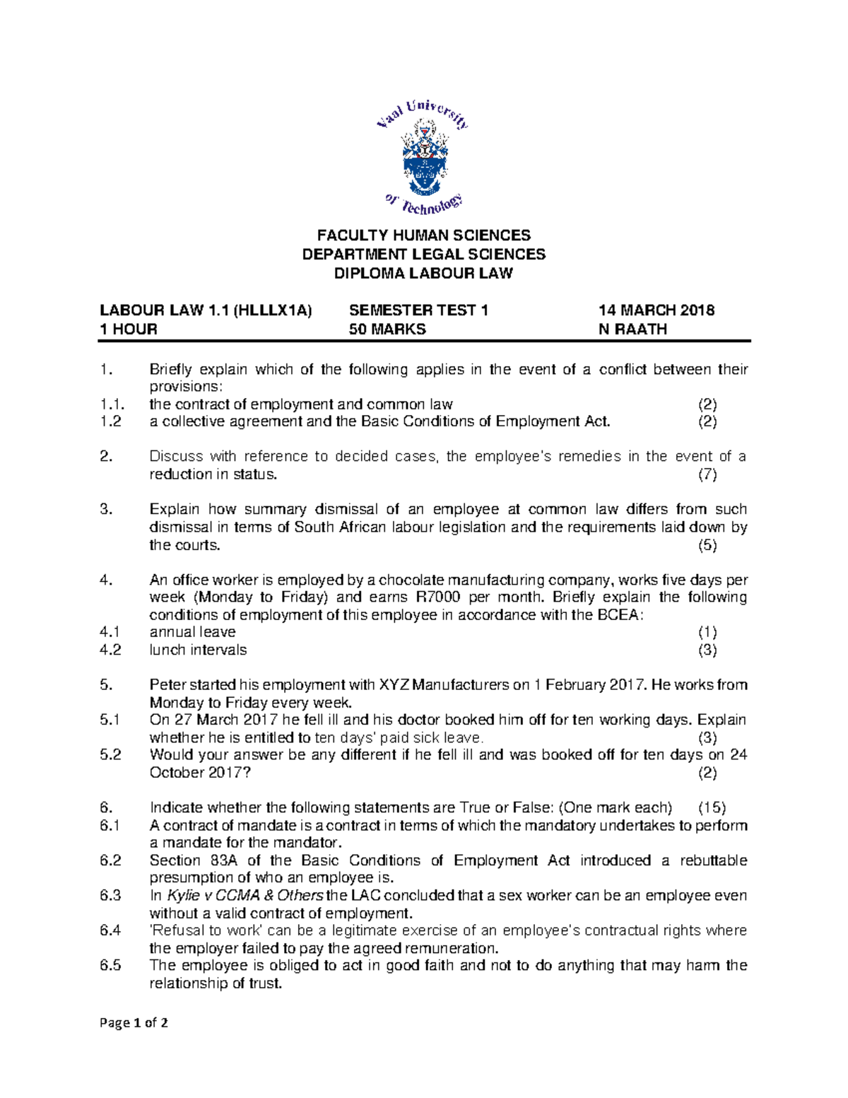 Labour Law 1.1 Test 1 2018 - Page 1 of 2 FACULTY HUMAN SCIENCES ...