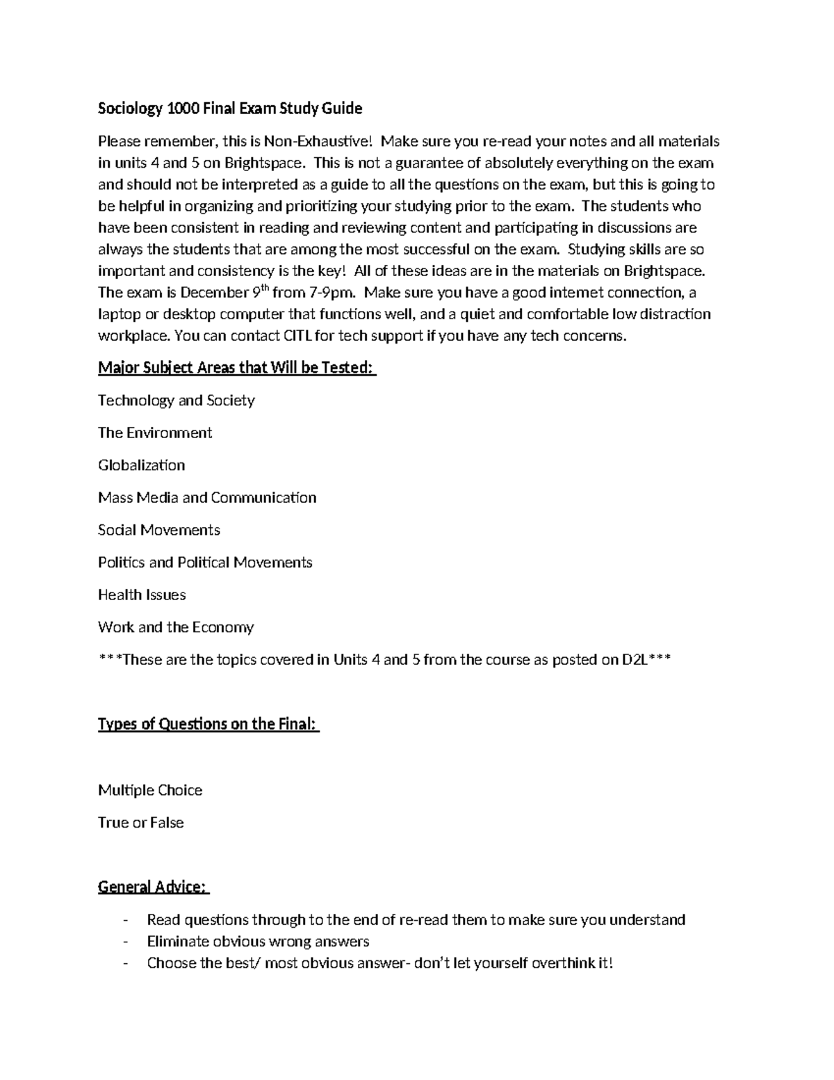 Study Guide - Sociology 1000 Final Exam Study Guide Please remember ...