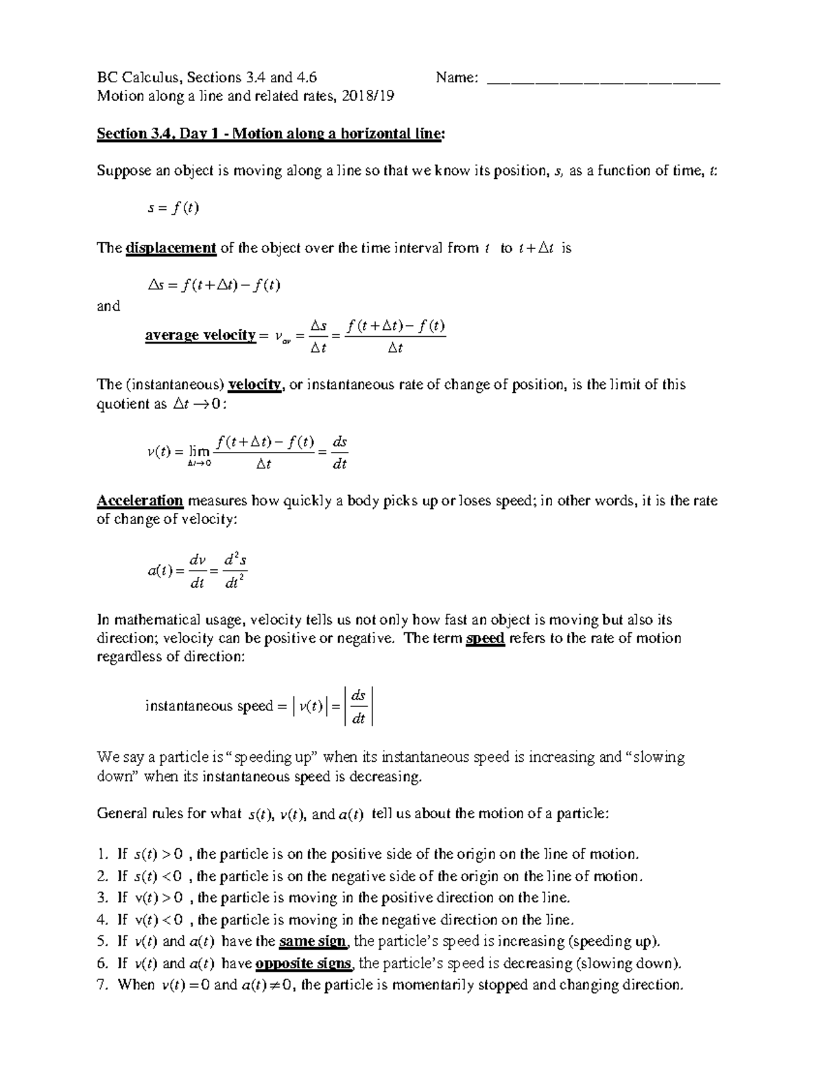 Particle motion and related rates packet - BC Calculus, Sections 3 and ...