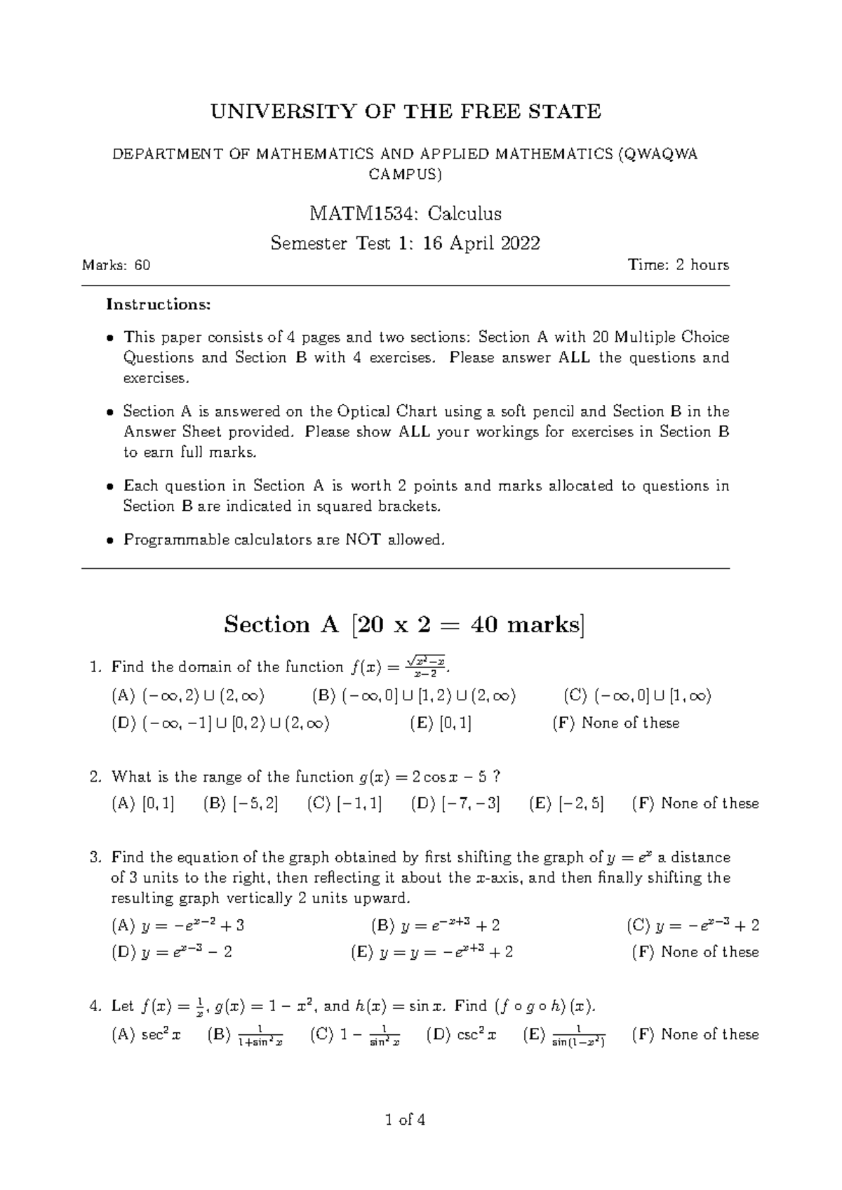 Semester Test 1 2022 - TEST 1 - UNIVERSITY OF THE FREE STATE DEPARTMENT ...