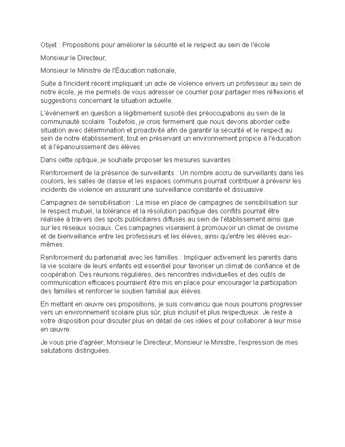 Des propositions de la securite et du respect - Objet : Propositions ...