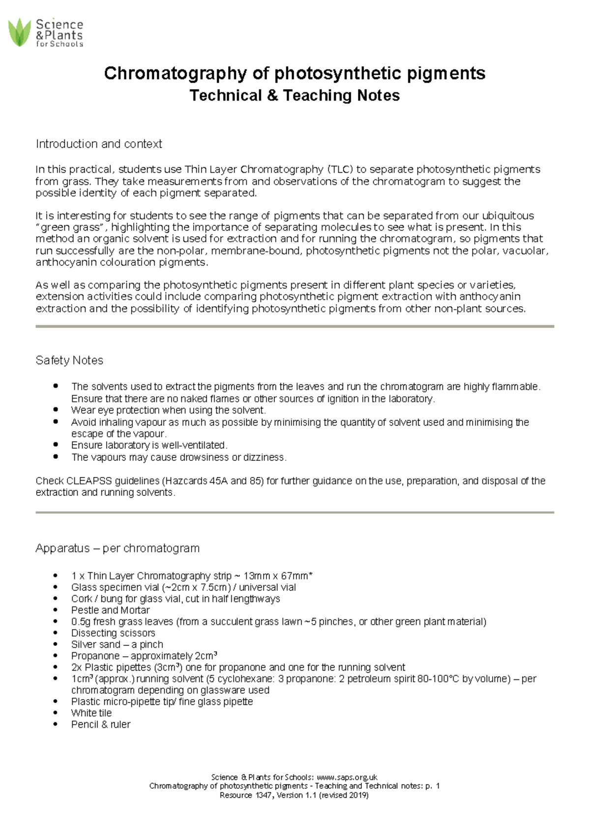 SAPS Chromatography of photosynthetic pigments Technical and Teaching ...