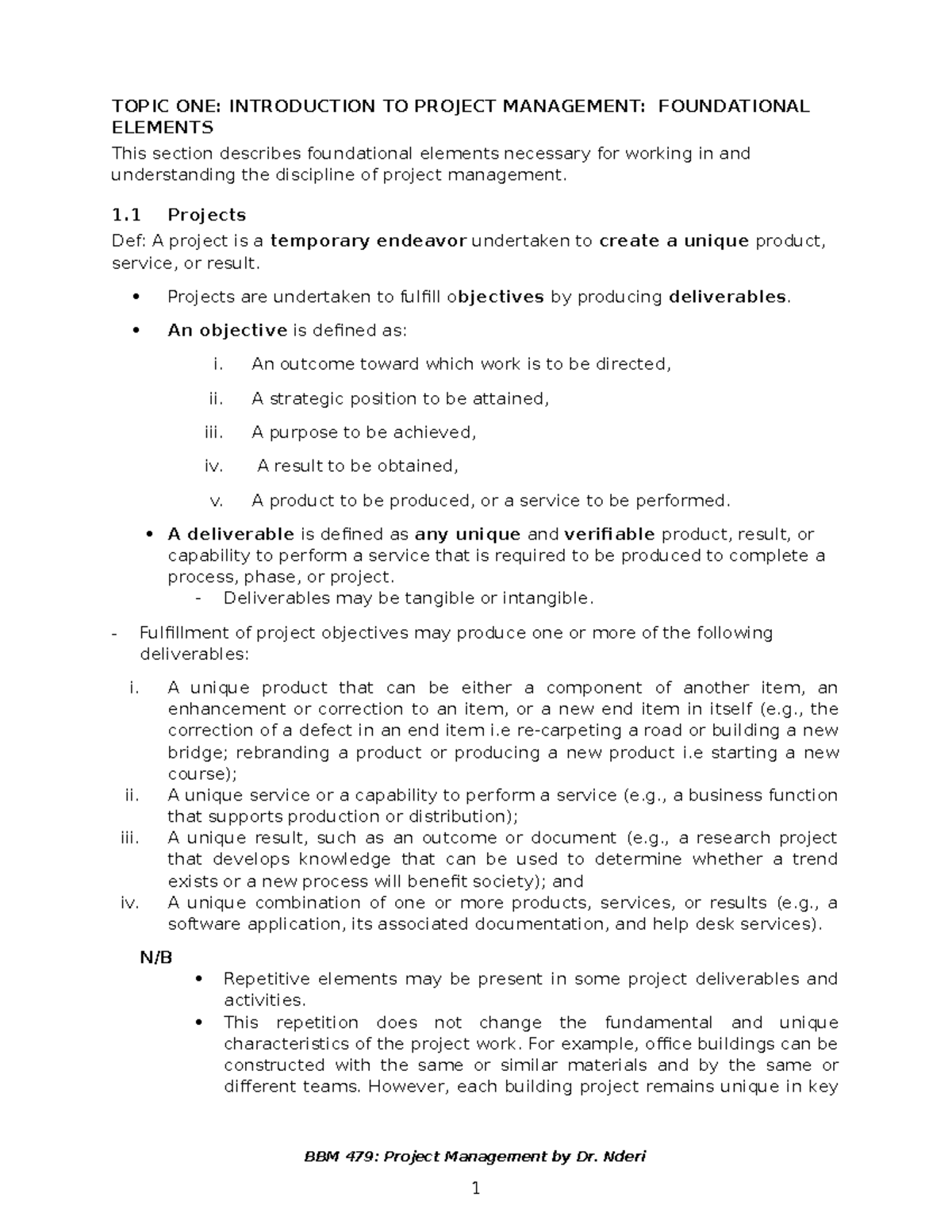 Week 1 lesson 1 notes - introduction to project management - TOPIC ONE ...