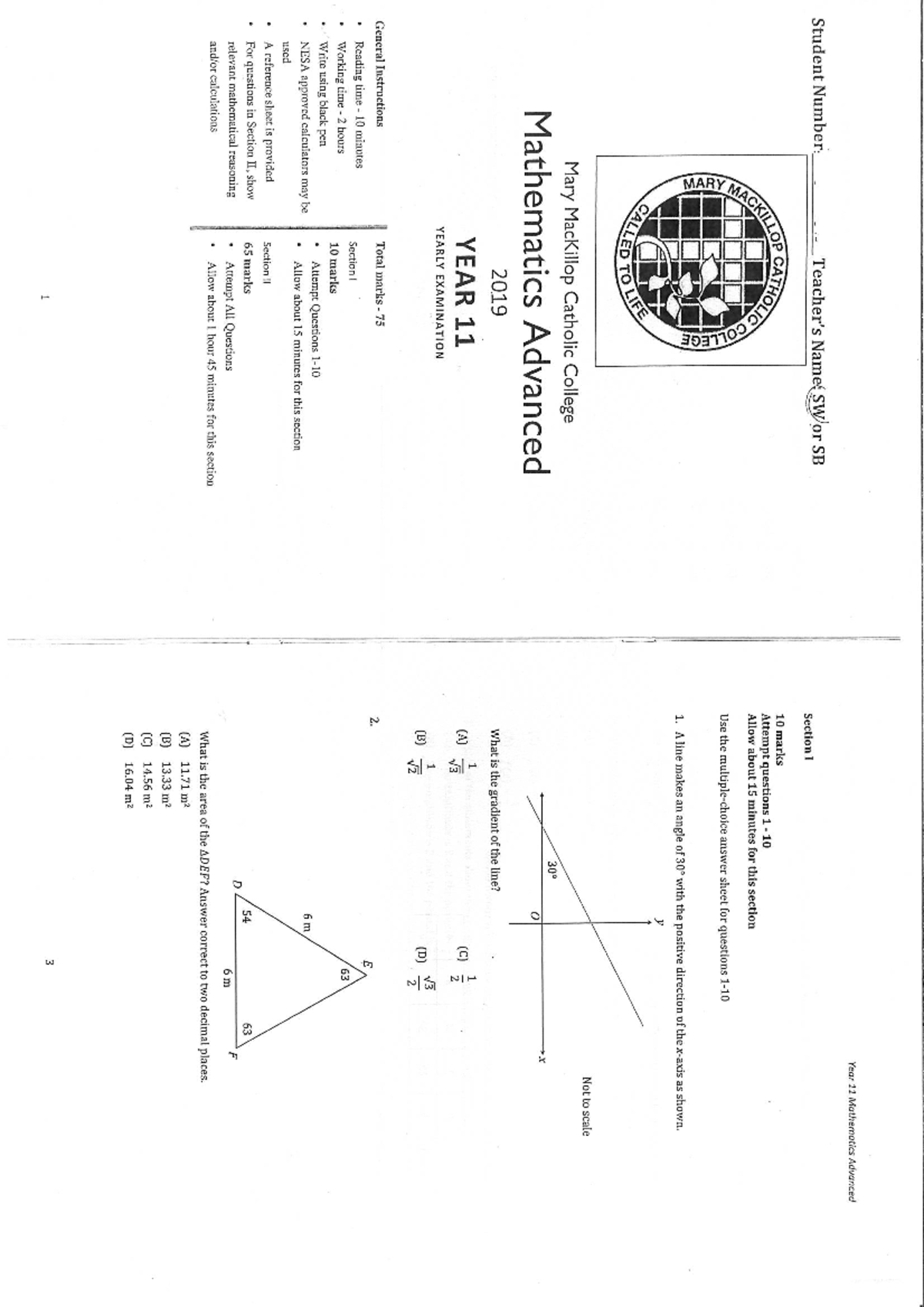 Mary Mackillop Year 11 2U Preliminary - Year 11 Mathematics Advanced ...