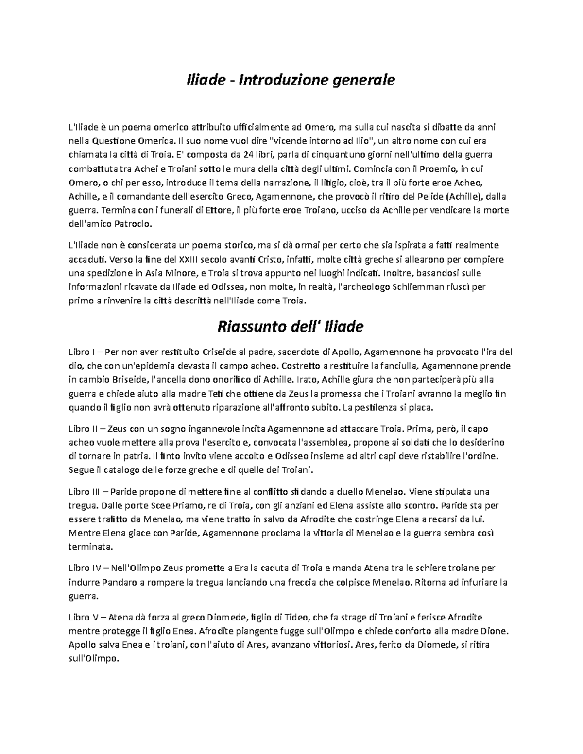 Iliade riassunto - Iliade - Introduzione generale L'Iliade è un poema ...