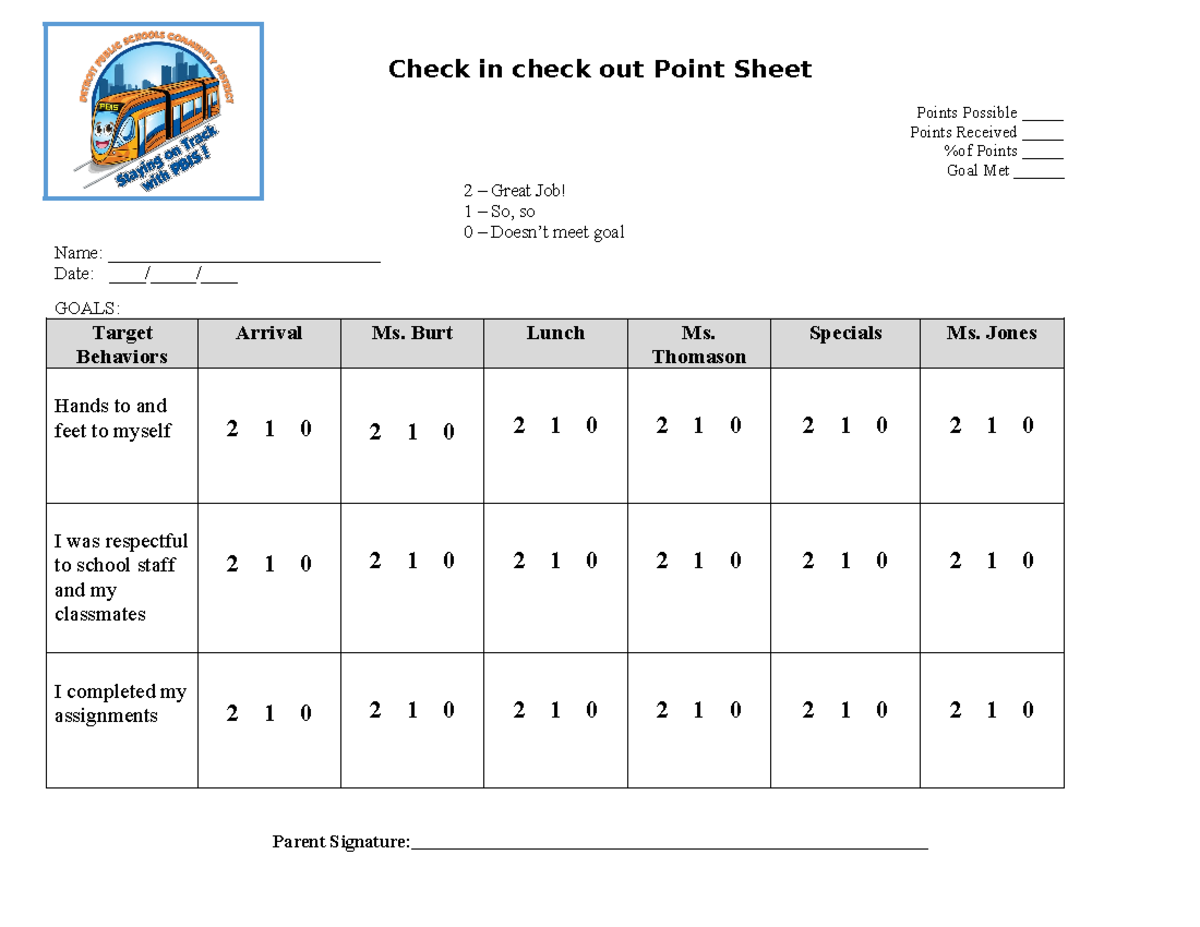 CICO FORM - Check in check out Point Sheet Points Possible _____ Points ...