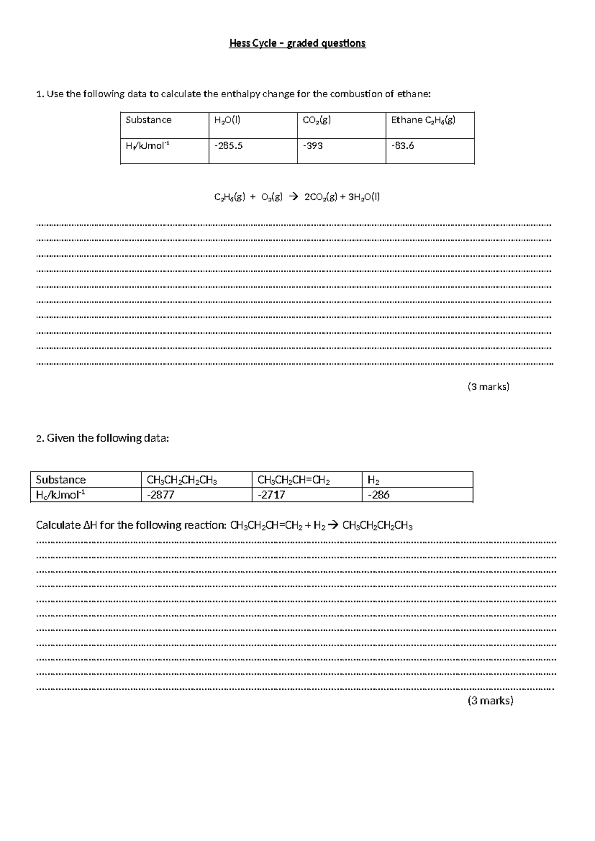 Hess Cycle Basic Questions - Hess Cycle – graded questions 1. Use the ...