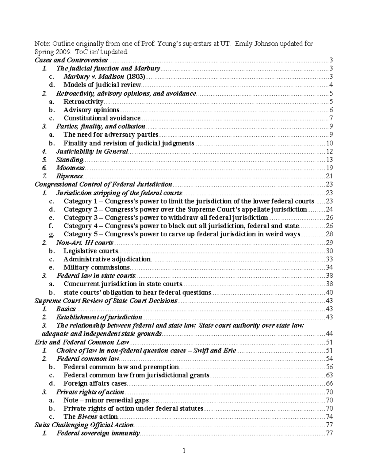 Fed Cts outline - Note: Outline originally from one of Prof. Young’s ...