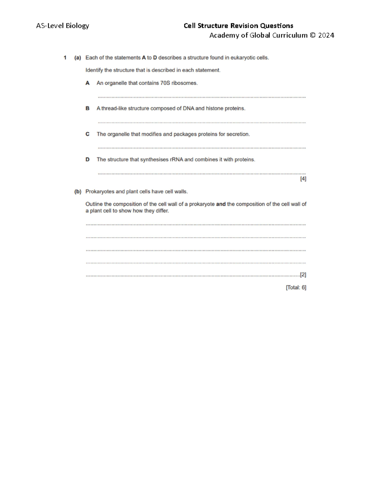 AS Biology W6L2 Cell Structure exercise - Studocu