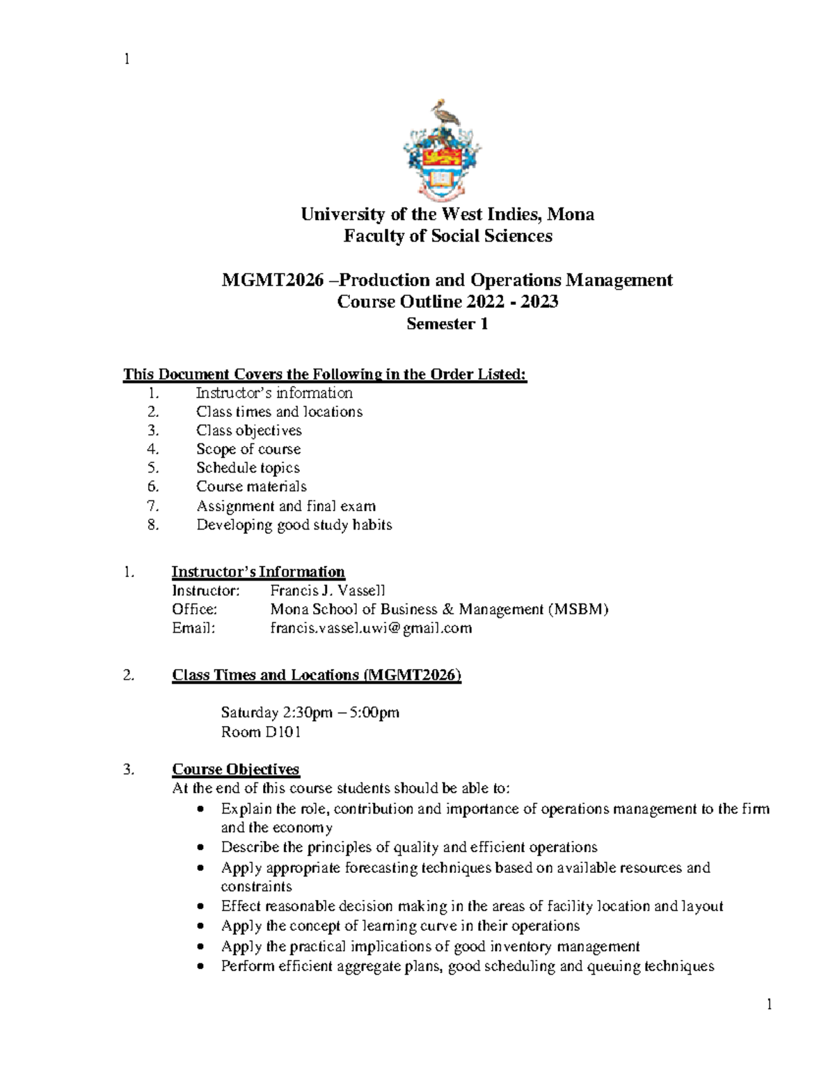 MGMT2026 Course Outline Sem..1 2022-2023 - 1 1 University of the West ...
