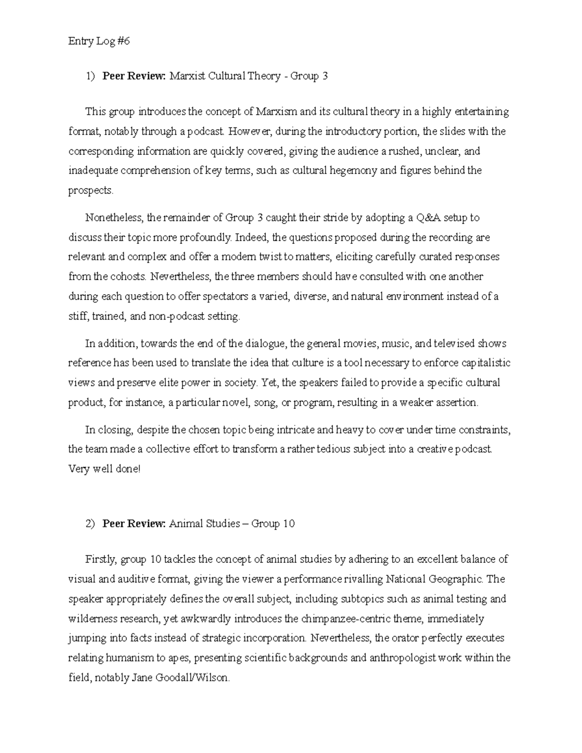 Entry Log #6 - Entry Log # 1) Peer Review: Marxist Cultural Theory ...