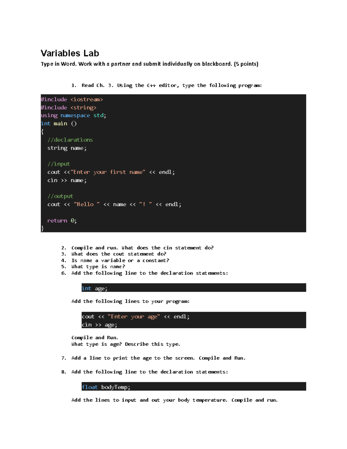 Variables Lab - C++ coding - Variables Lab Type in Word. Work with a ...