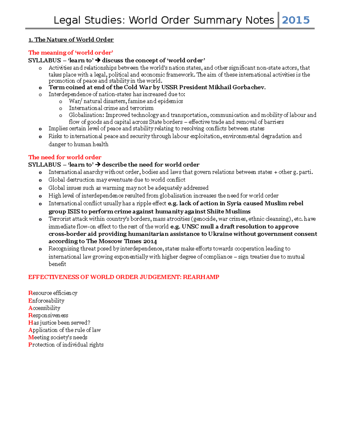 World order legal notes - 1. The Nature of World Order The meaning of ...