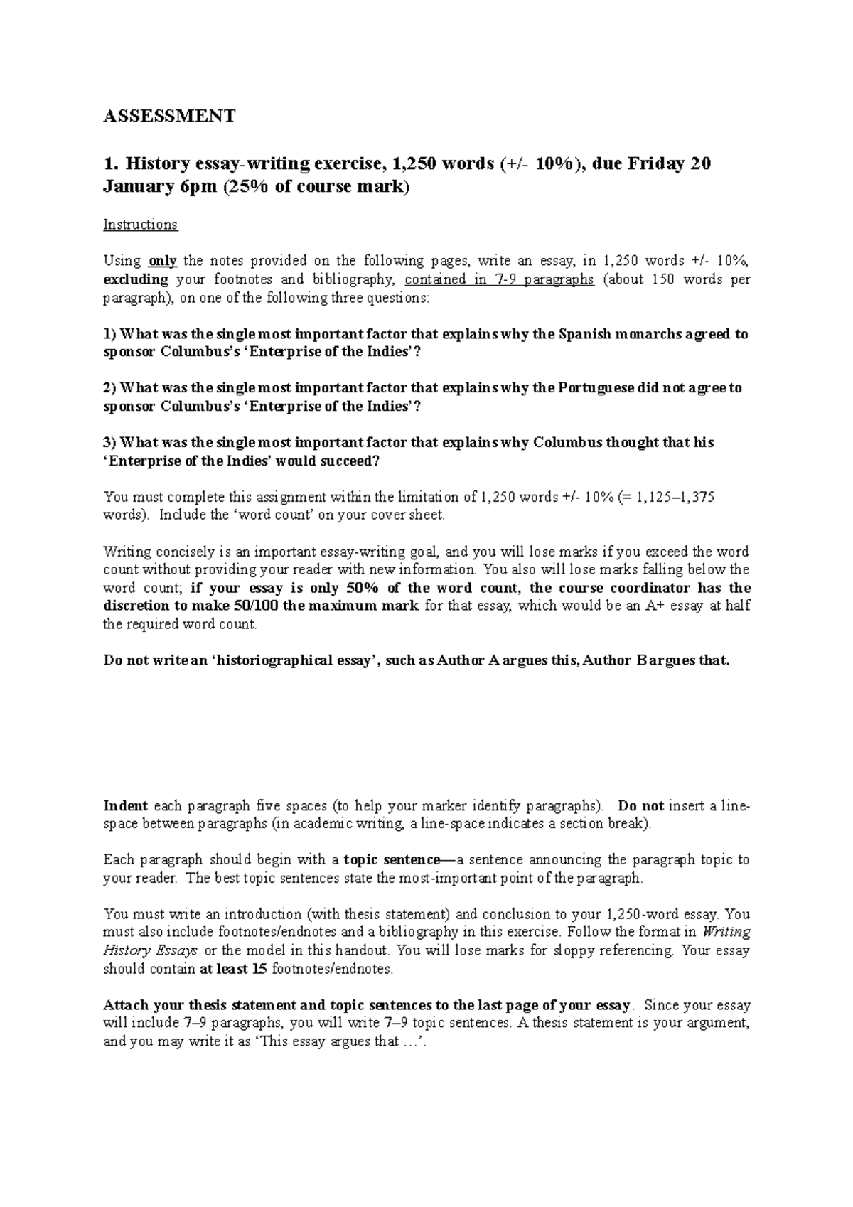Assessment essay - ASSESSMENT 1. History essay-writing exercise, 1,250 ...
