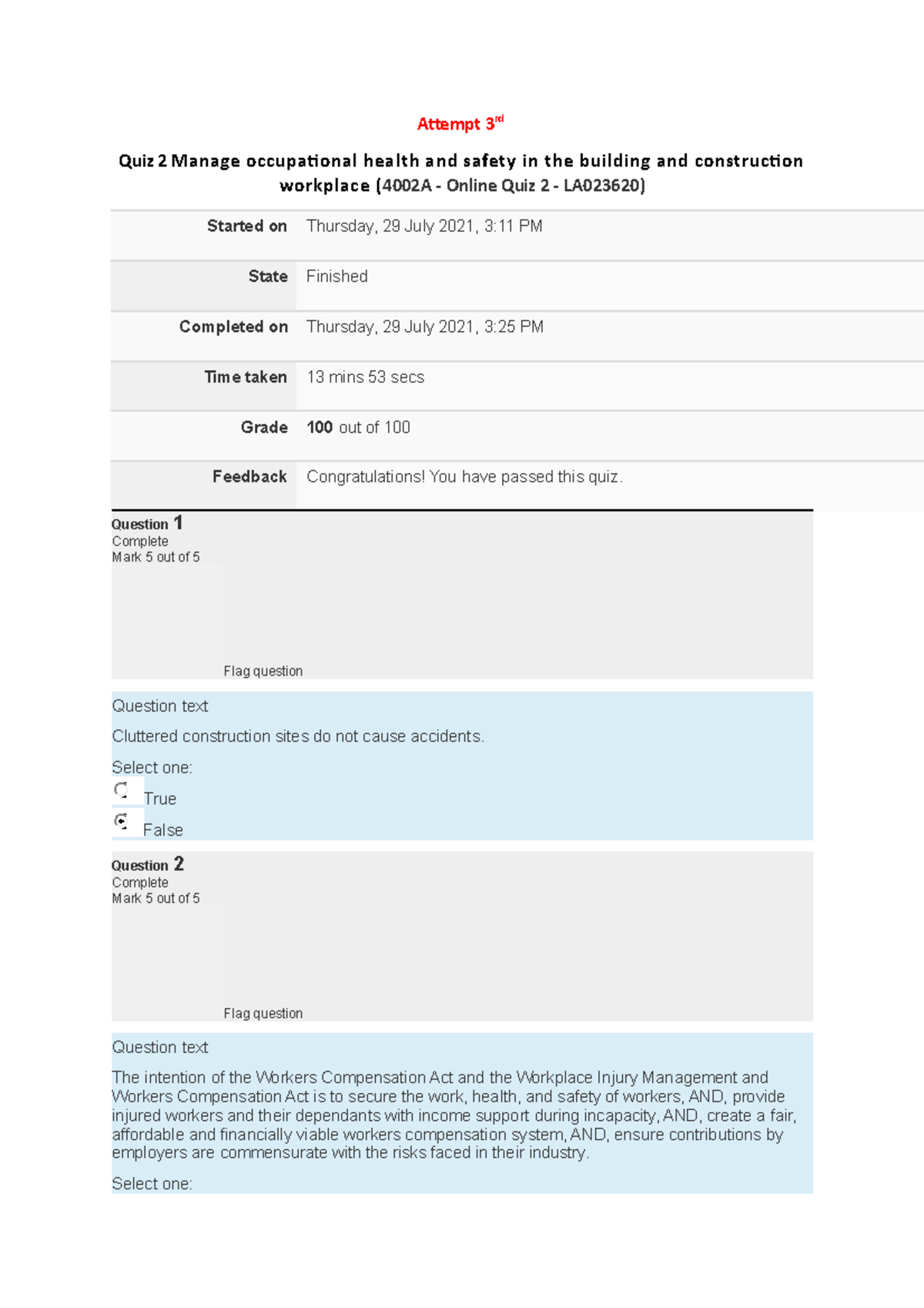 Quiz 2 Attempt 3rd Manage occupational health and safety in the ...