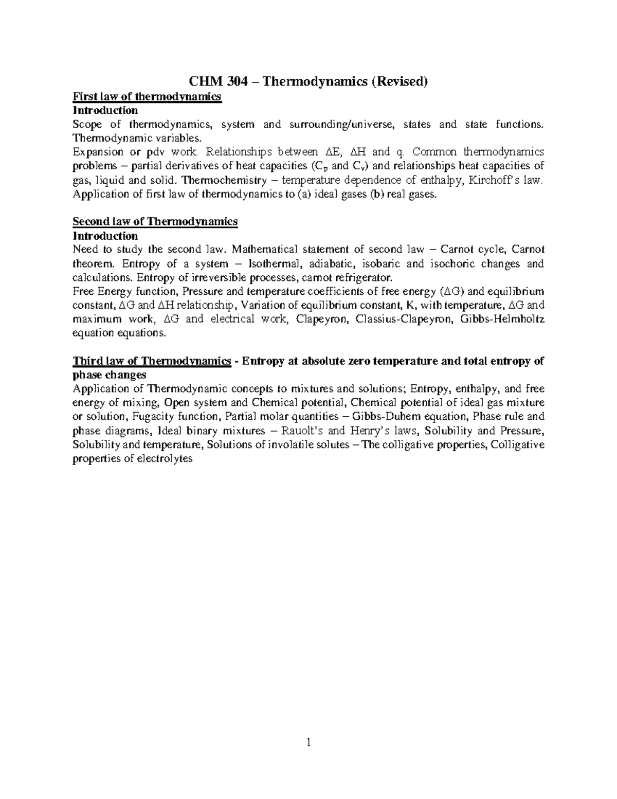 CHM 304 Introduction 2024 - CHM 304 – Thermodynamics (Revised) First ...