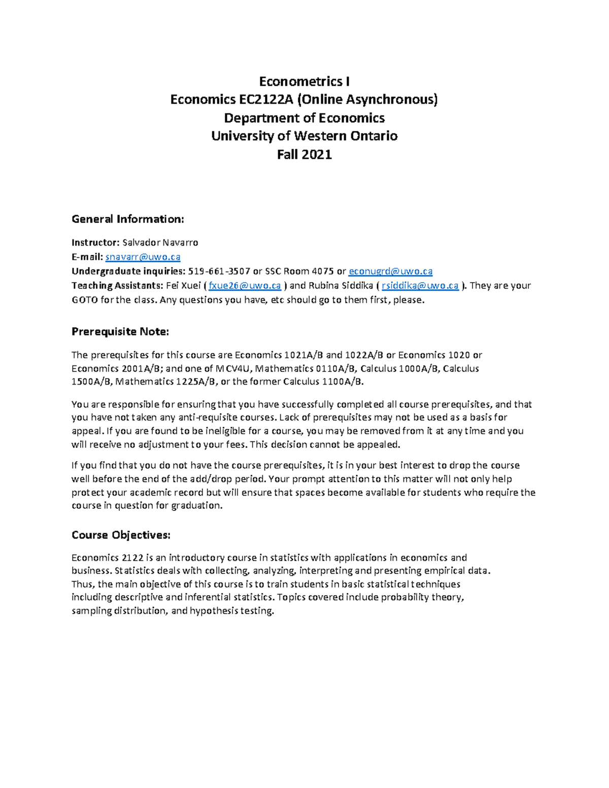 Syllabus Econometrics I - Econometrics I Economics EC2122A (Online Asynchronous) Department of ...