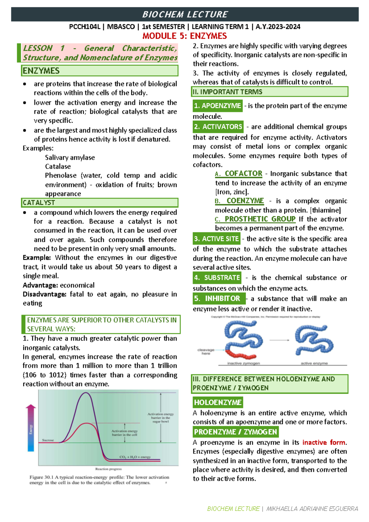 Enzymes - PCCH104L | MBASCO | 1st SEMESTER | LEARNING TERM 1 | A.Y- 2024 MODULE 5: ENZYMES ...