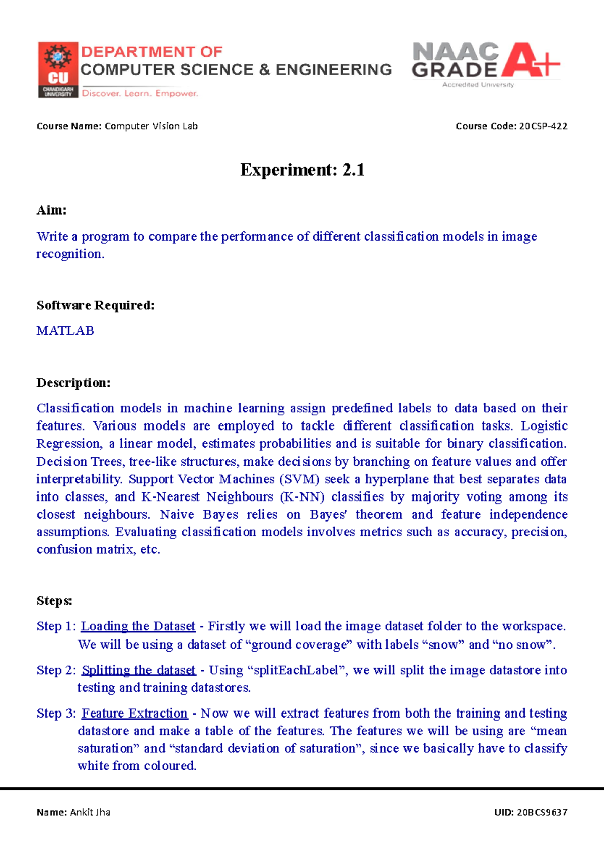 Exp5 - Computer vision Experiment - Course Name: Computer Vision Lab ...
