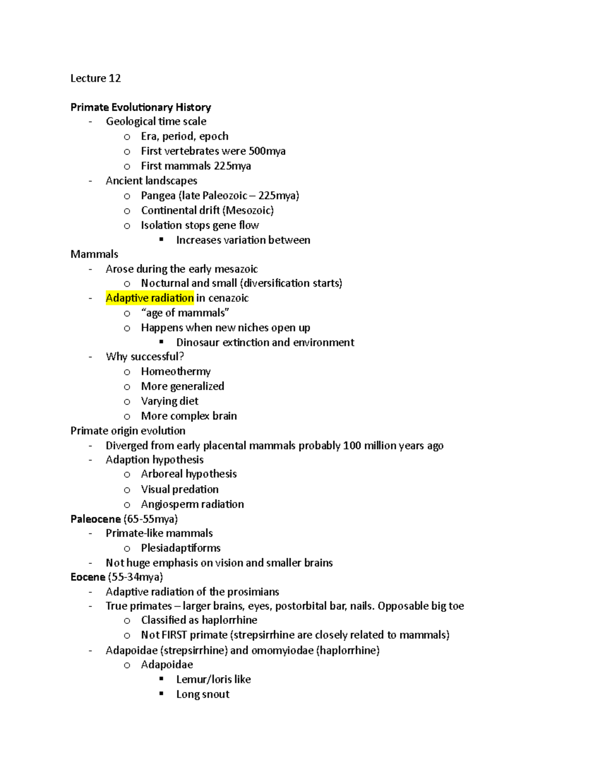Primate Evolution Lecture Notes - Lecture 12 Primate Evolutionary ...