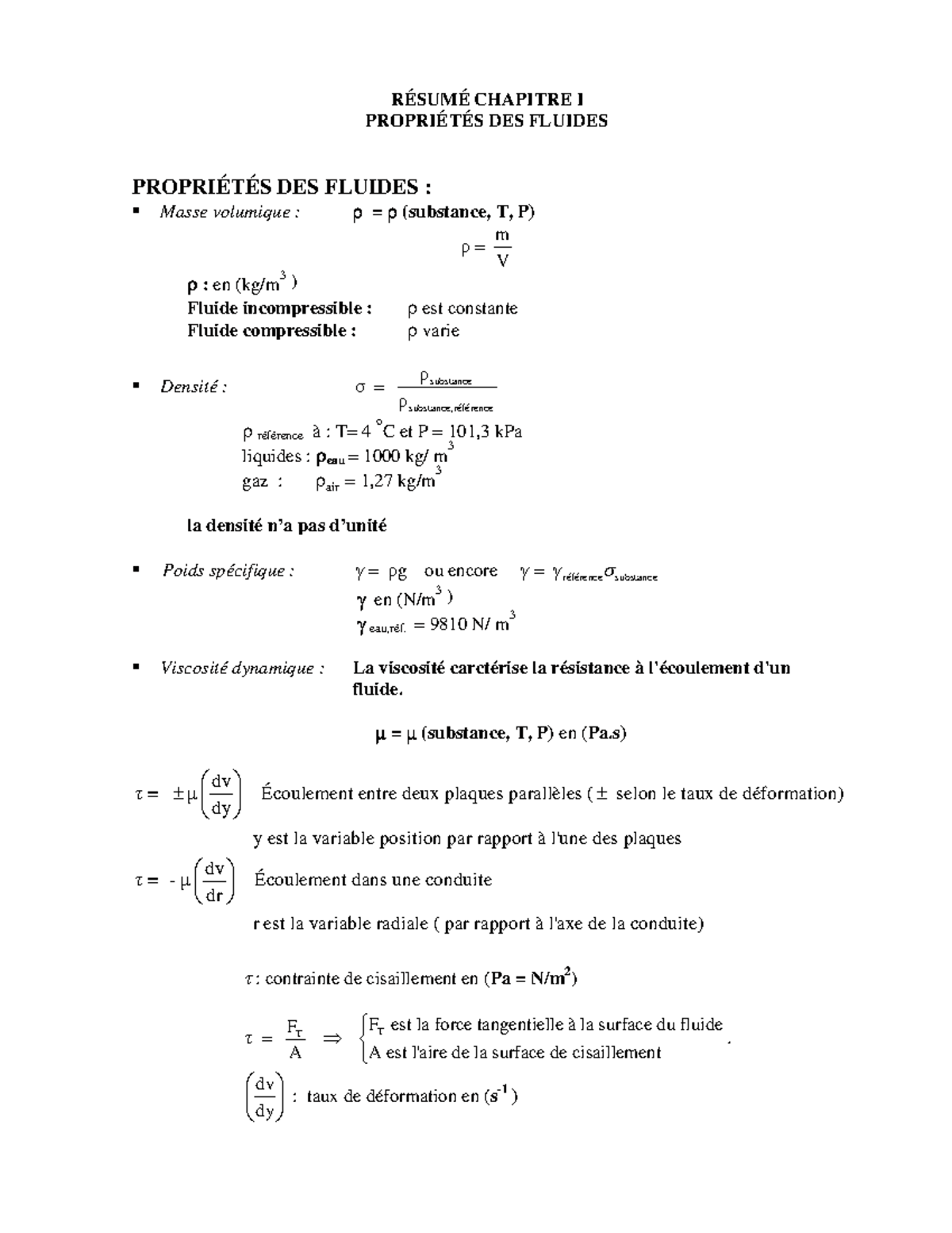 Uni Yu Mécanique des fluides - résumés - RÉSUMÉ CHAPITRE I PROPRIÉTÉS ...