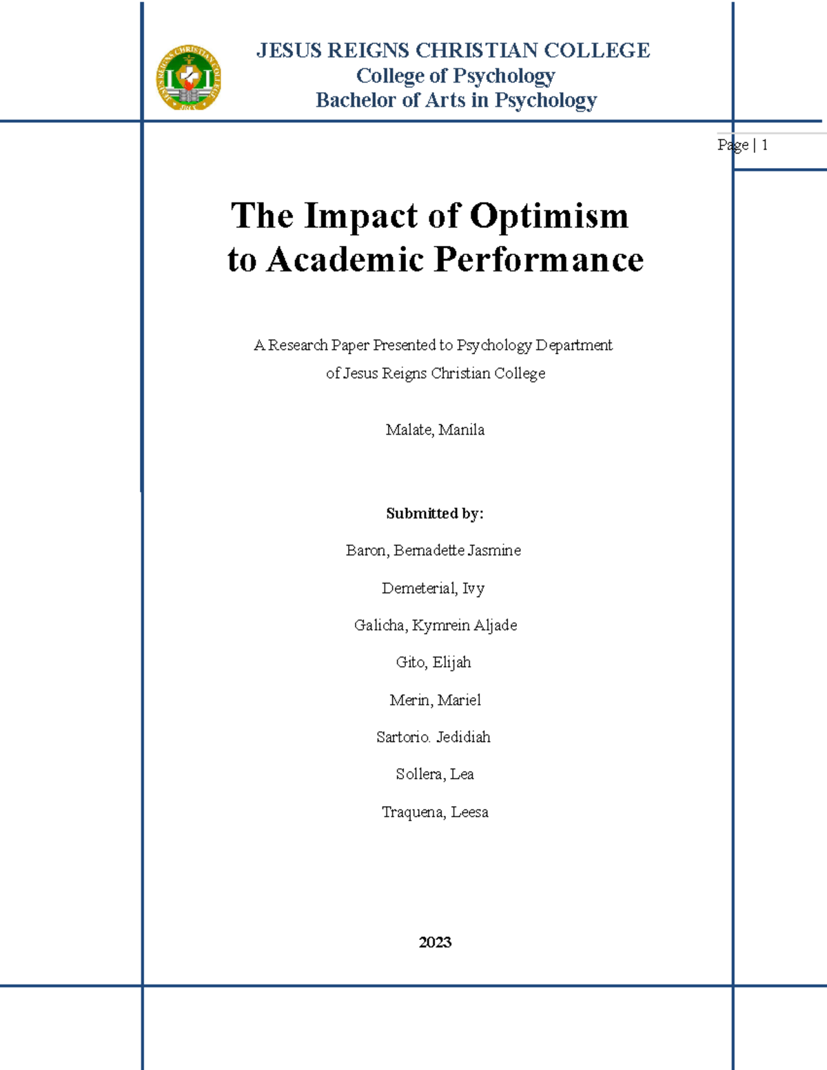 Thesis For Revision - The Impact of Optimism to Academic Performance A ...