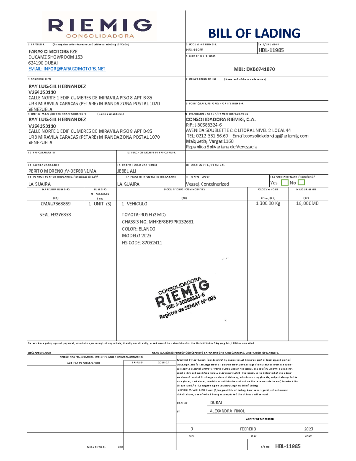 MODELO DE HBL VEHICULOS - 2. EXPORTER (Principal or seller -licensee ...