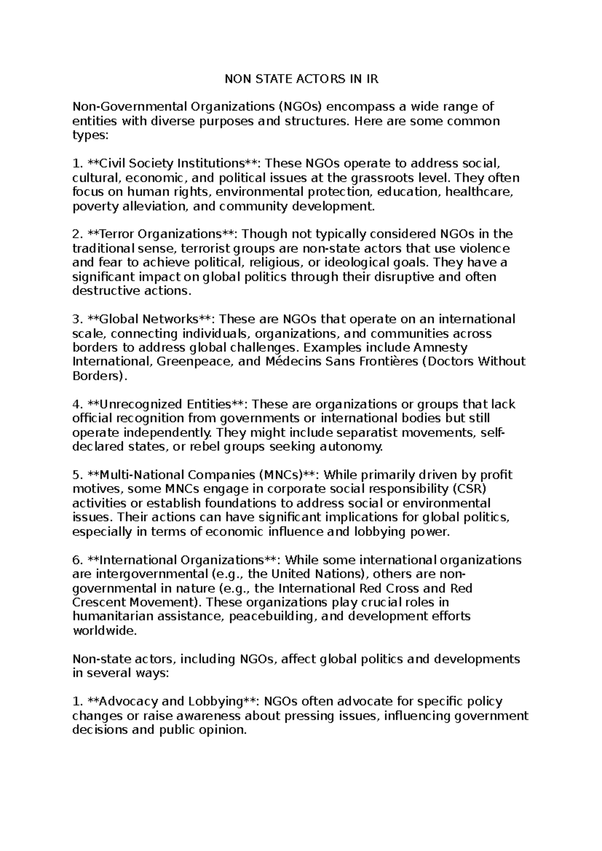 NON State Actors IN IR - fdfdfd - NON STATE ACTORS IN IR Non ...