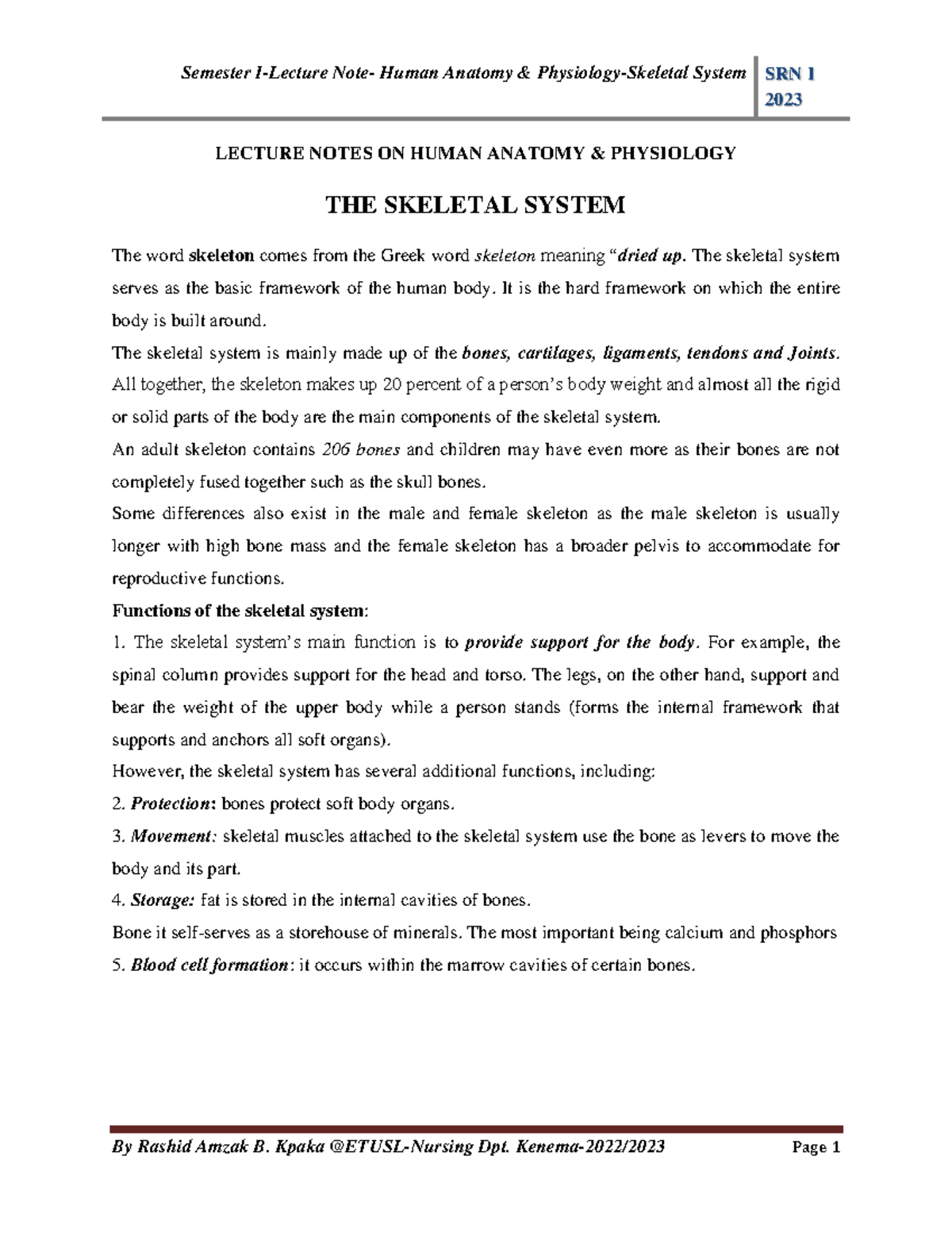 The skeletal system - 2023 LECTURE NOTES ON HUMAN ANATOMY & PHYSIOLOGY ...