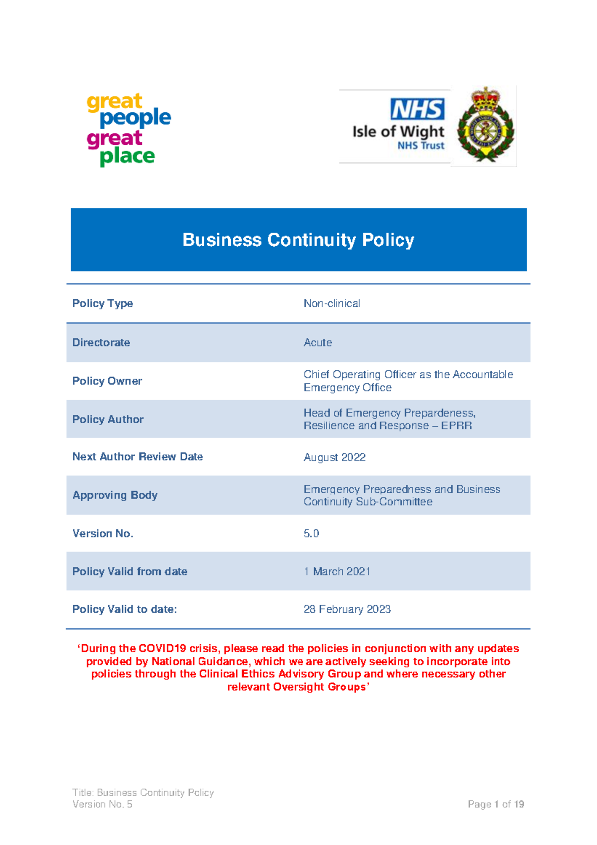 Business Continuity Policy - Title: Business Continuity Policy Business ...