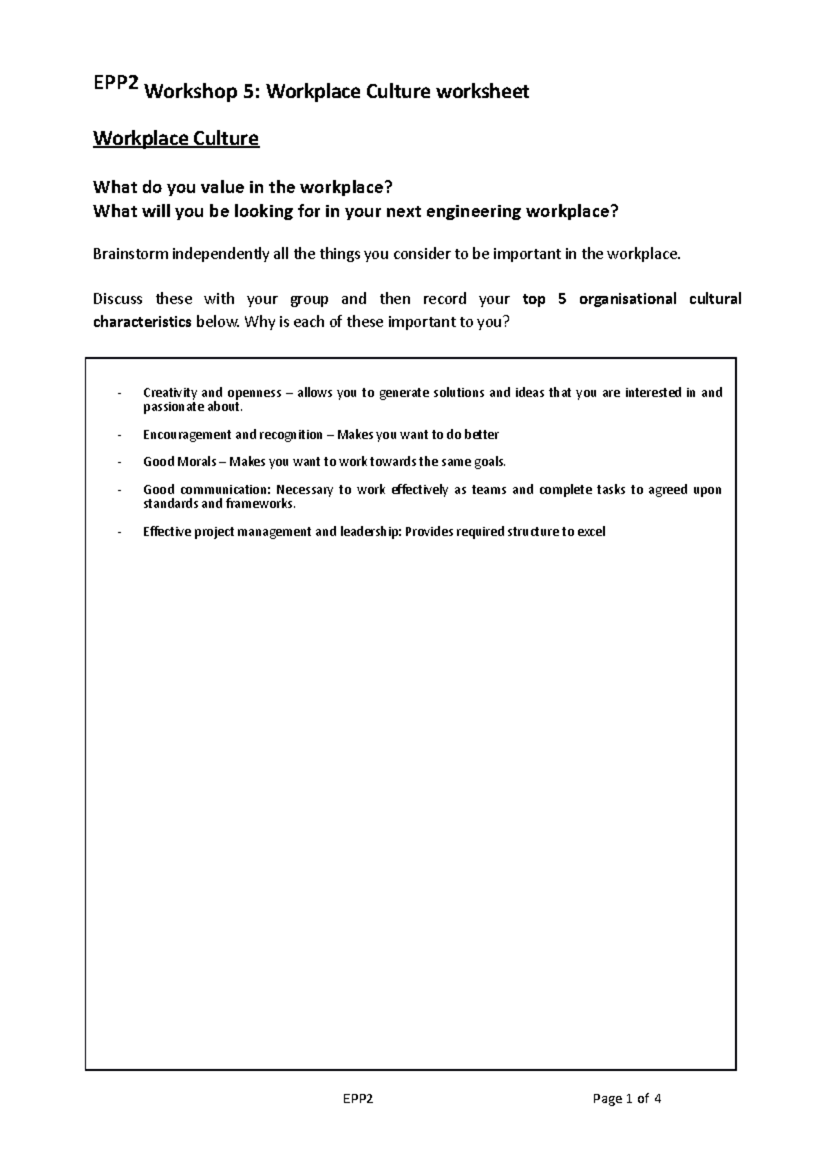 EPP2 Workshop 5 Worksheet - EPP Workshop 5: Workplace Culture worksheet ...