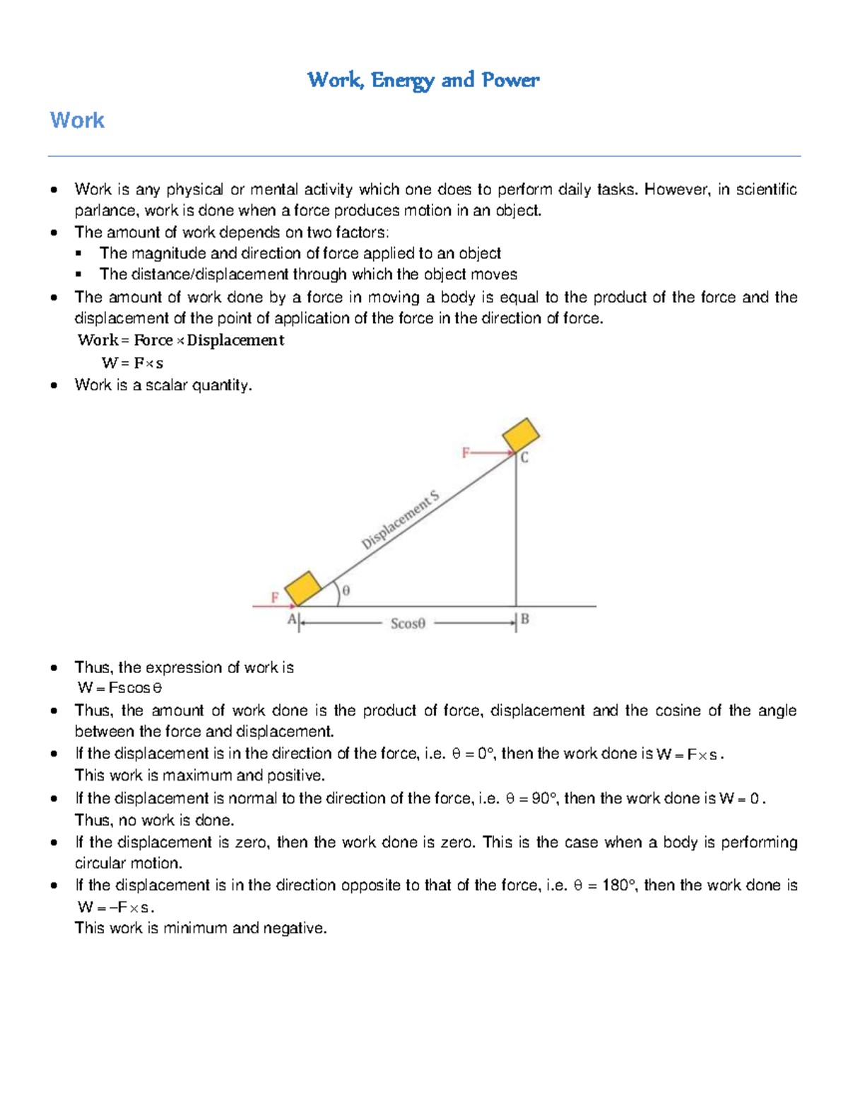 Physics- work, energy and power - Work, Energy and Power Work Work is ...