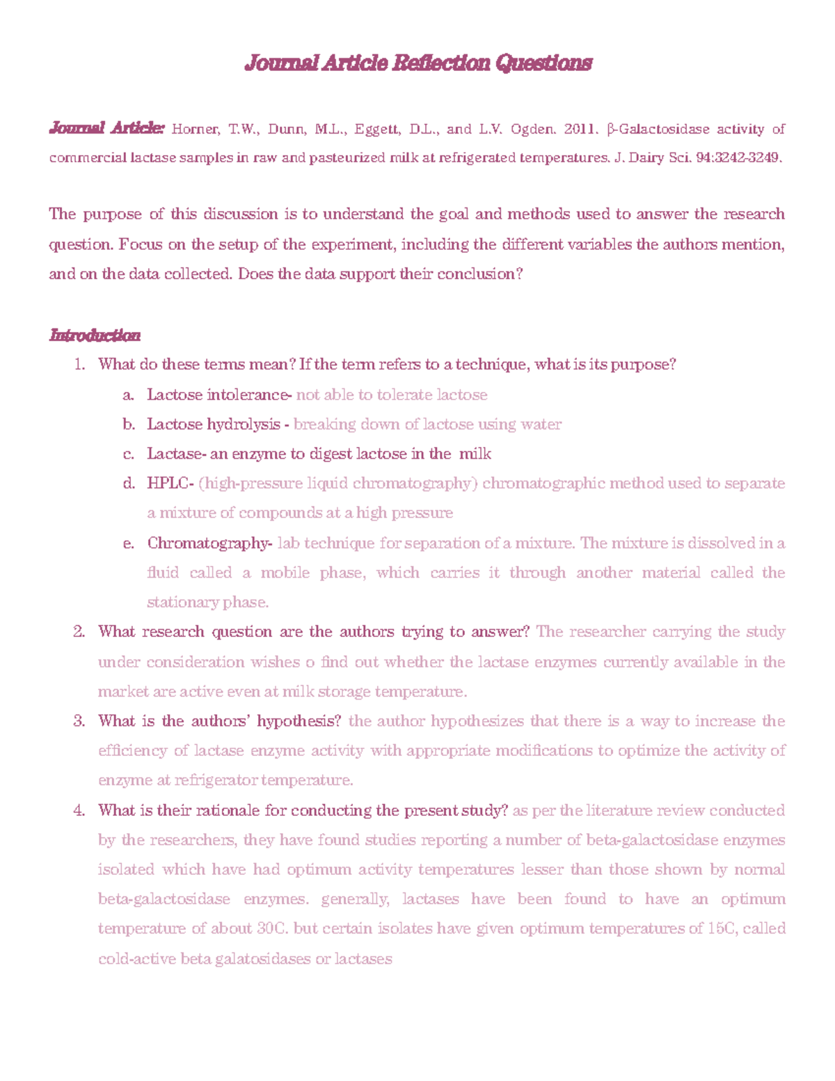 Enzyme activity reflection questions. - Journal Article Reflection ...