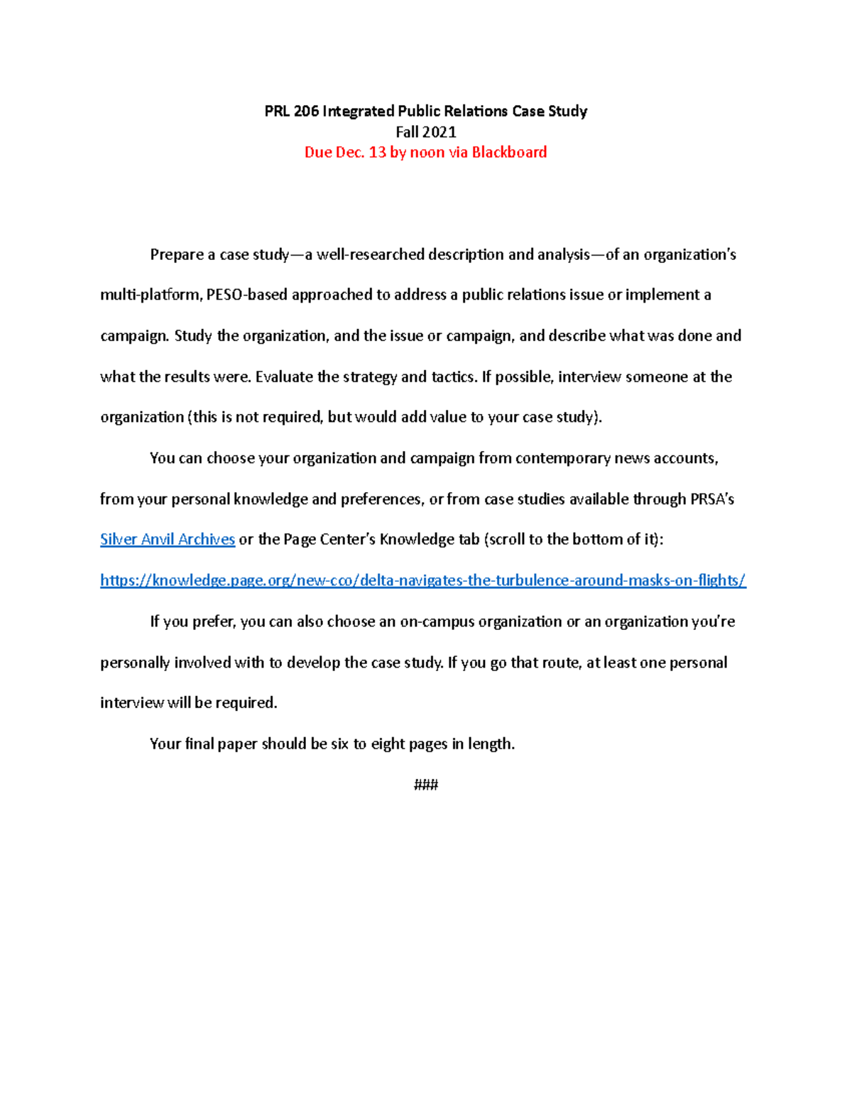 PRL 206 Integrated Public Relations Case Study, Fall 2021 - 13 by noon ...