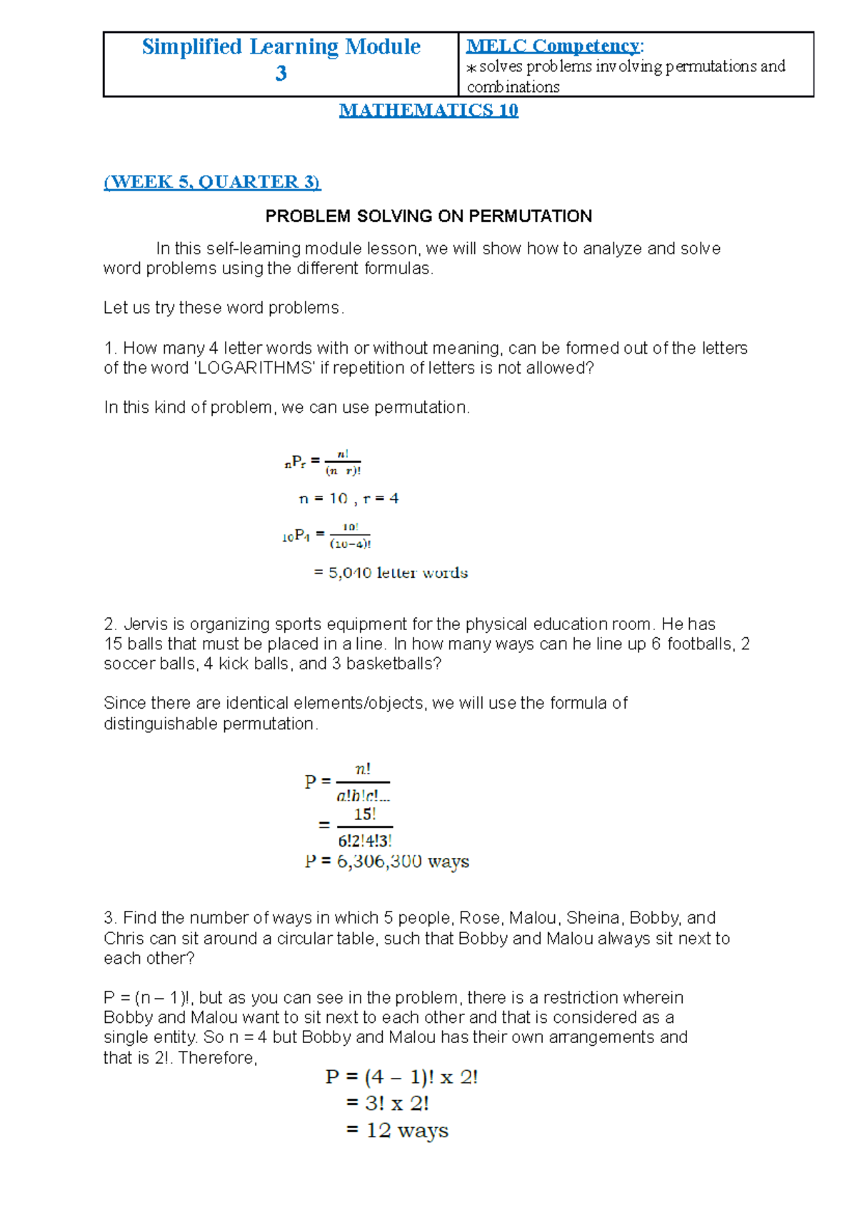WEEK 5 MATHEMATICS GRADE 10 - Simplified Learning Module 3 MELC ...