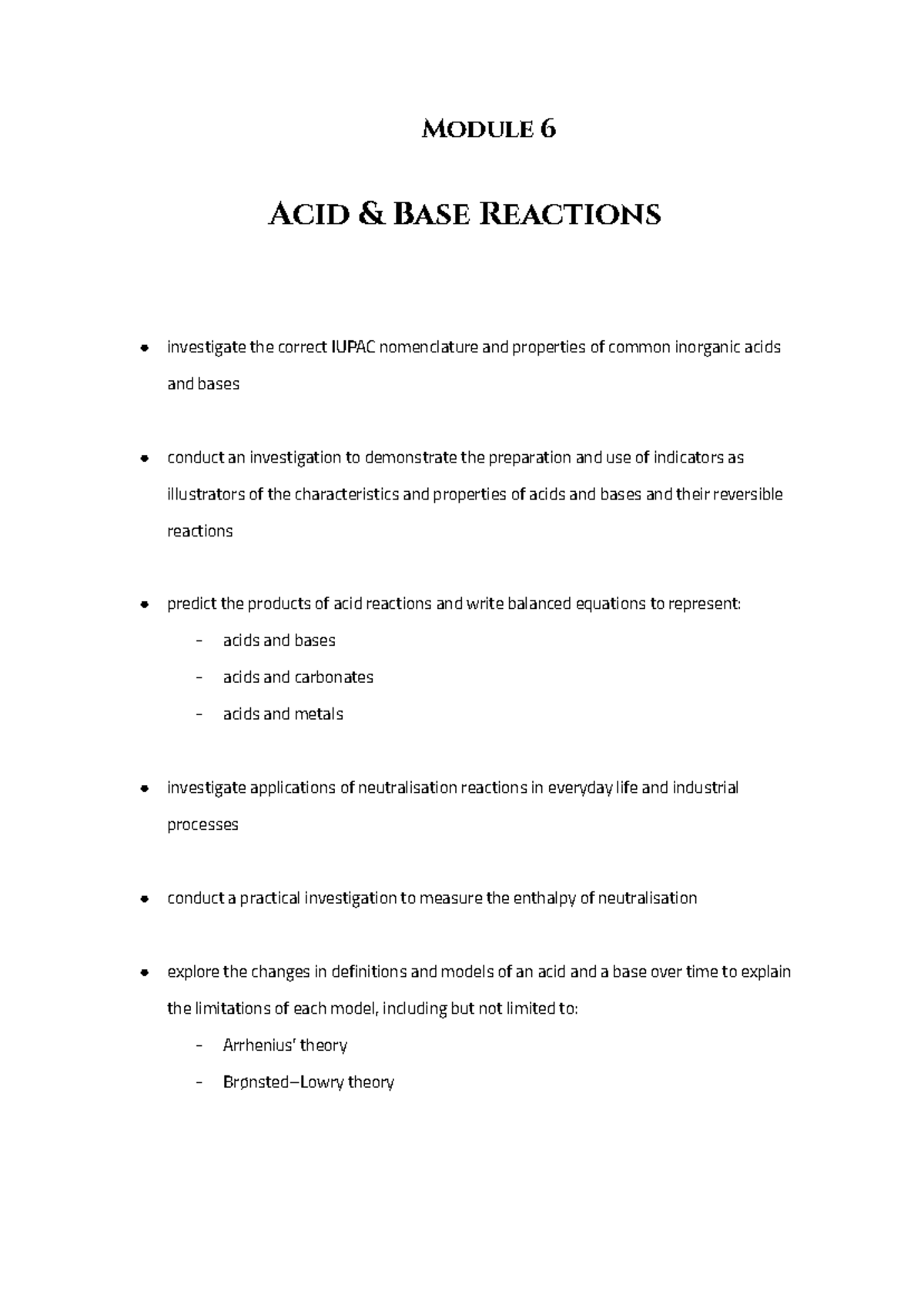 Chemistry HSC Topic 6 - Module 6 Acid & Base Reactions investigate the ...