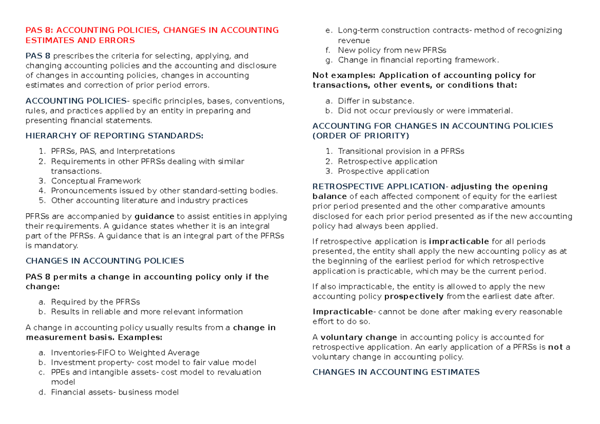 PAS 8 Accounting Policies, Changes IN Accounting Estimates AND Errors ...