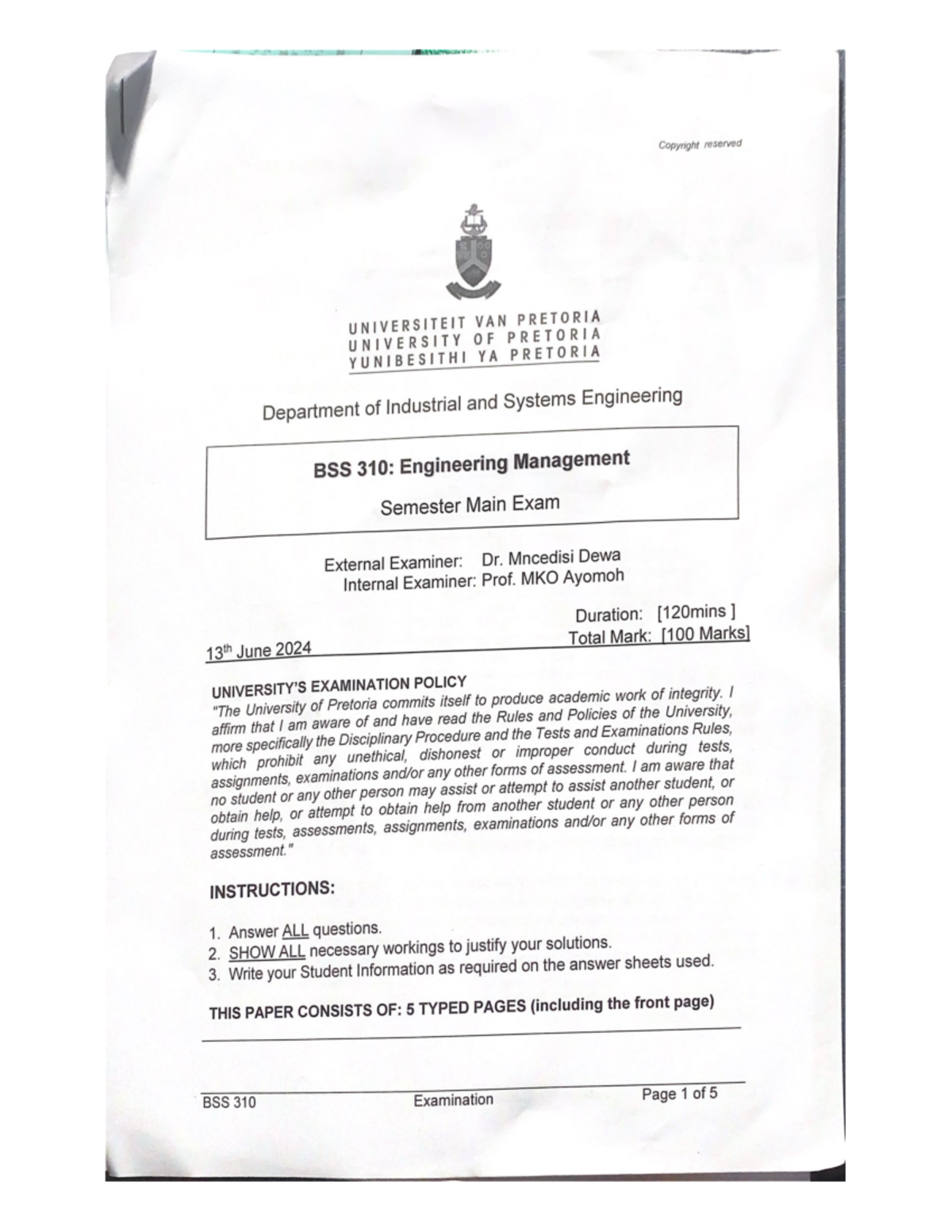 BSS EXAM 2024 - Past examination paper for BSS310 UP - Copyright ...