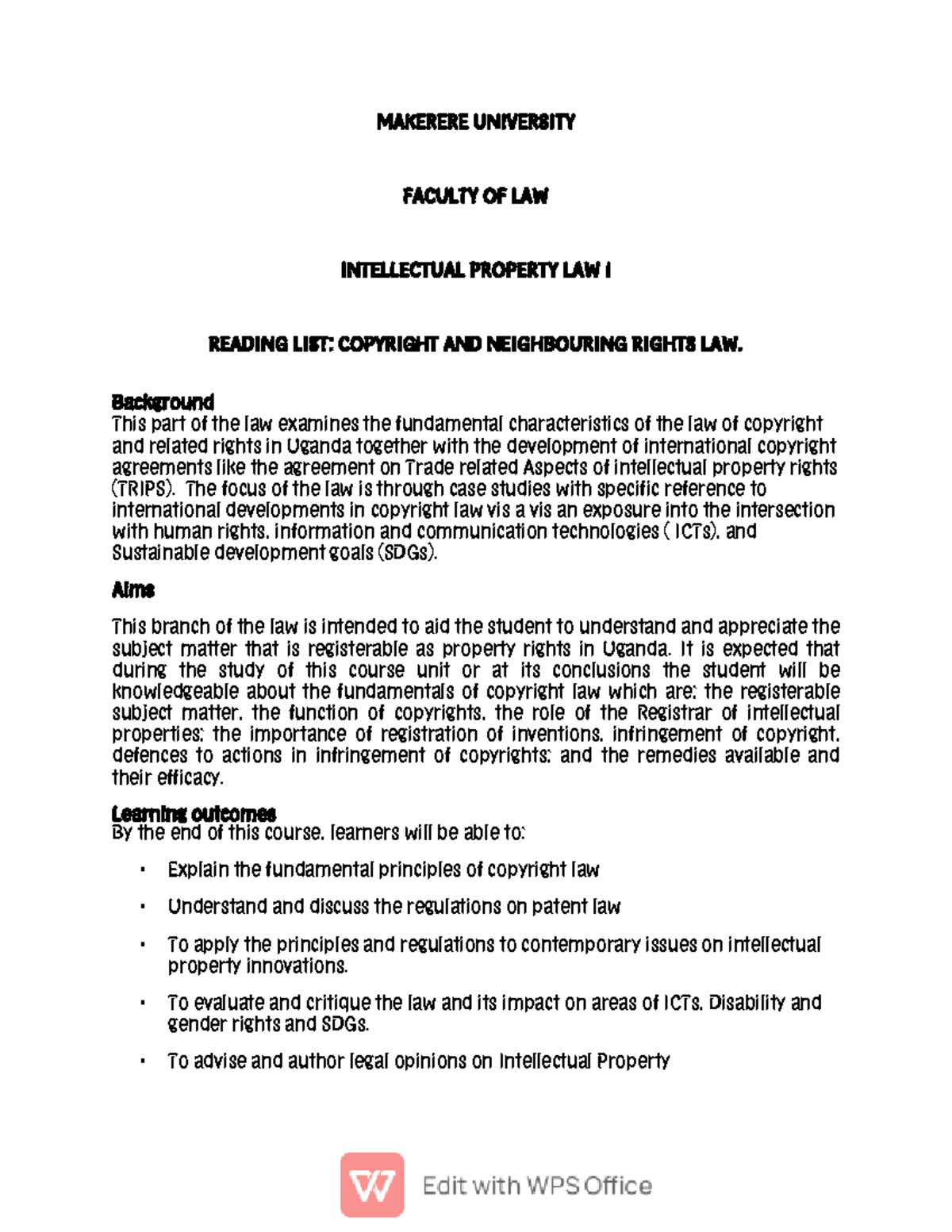 Reading LIST IP ( Copyrights)-1 - MAKERERE UNIVERSITY FACULTY OF LAW ...
