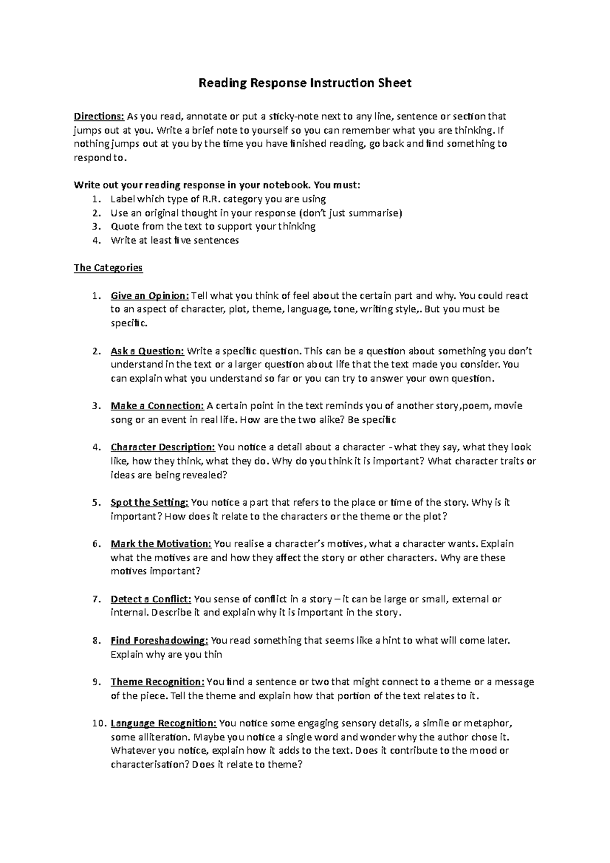 Reading Response Instructions Sheet - Reading Response Instruction ...