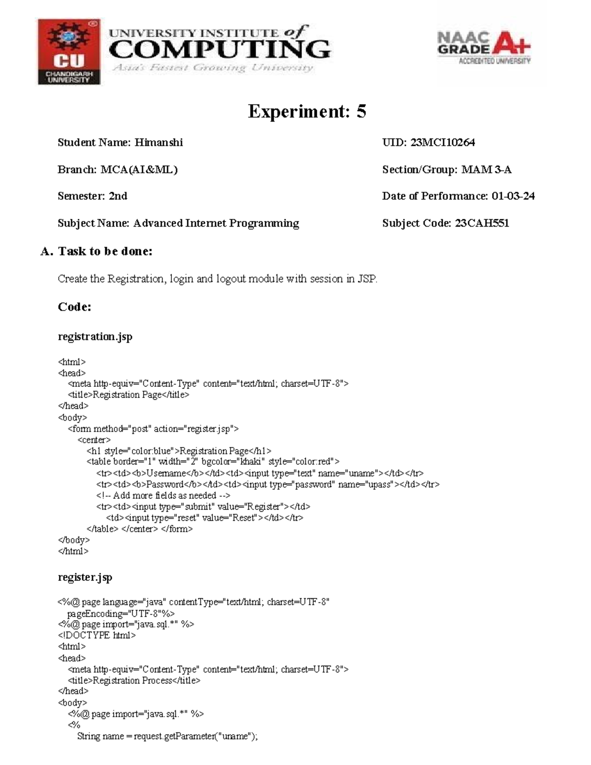 Aip 5 worksheet - Experiment: 5 Student Name: Himanshi UID: 23MCI ...