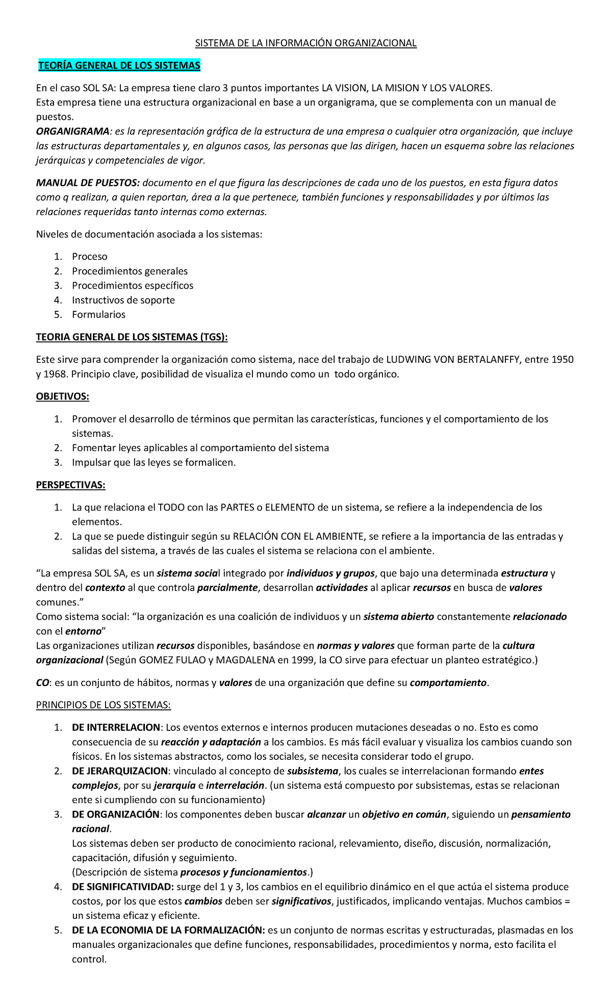 Resumen SIO M1y2 LULI - SISTEMA DE LA INFORMACIÓN ORGANIZACIONAL TEORÍA GENERAL DE LOS SISTEMAS ...