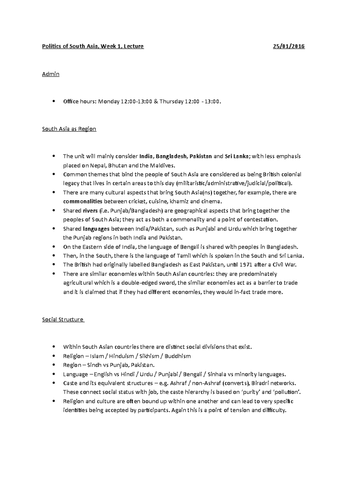 Lecture notes, lectures 1-5, 7-11 - politics of South Asia - Politics ...