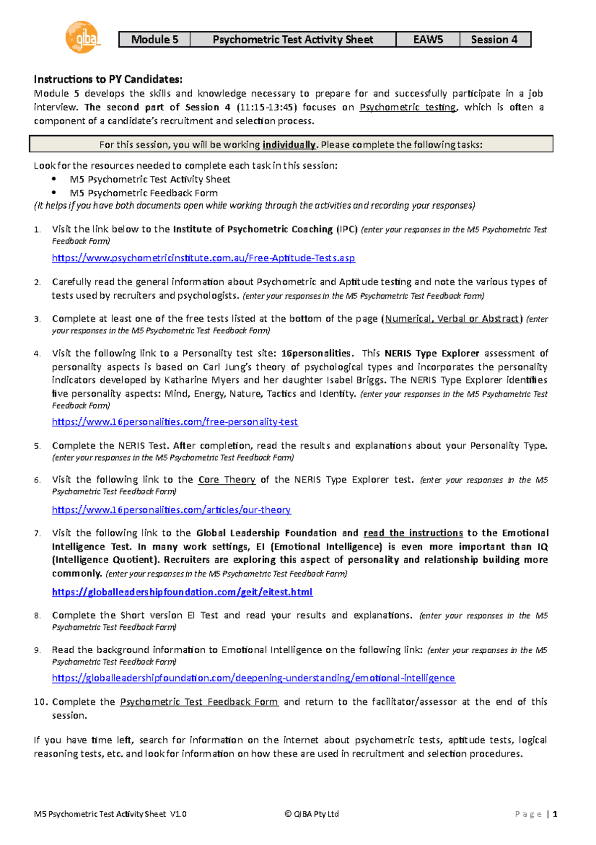 M5S4 Psychometric Test Activity Sheet V1 - Module 5 Psychometric Test ...