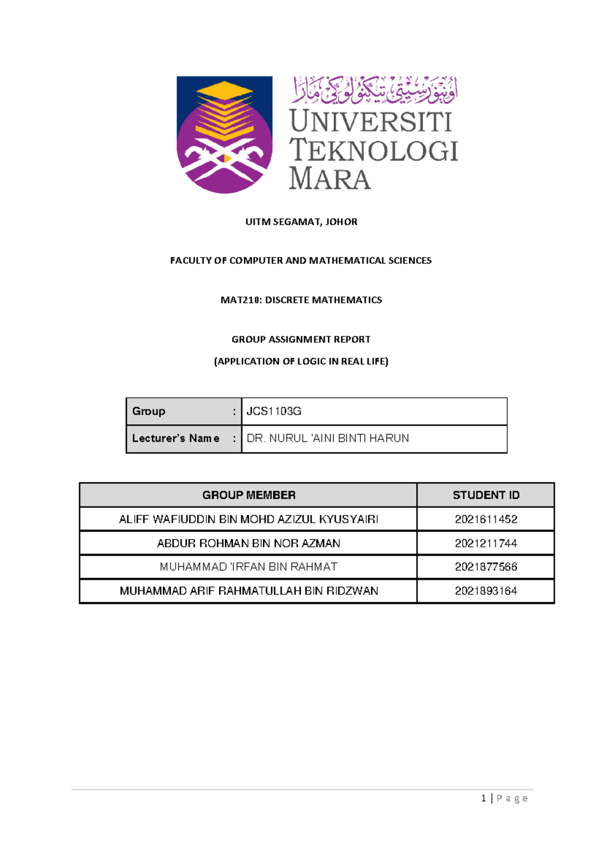 MAT210 Assesment - UITM SEGAMAT, JOHOR FACULTY OF COMPUTER AND MATHEMATICAL SCIENCES MAT210 ...